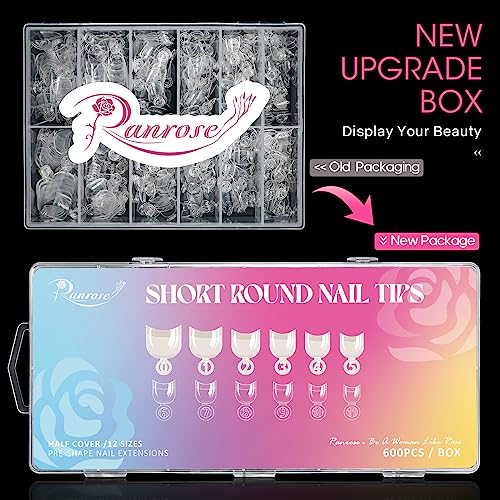 Ranrose 600PCS Clear Short Oval Half Cover Nails Tips Short Round Acrylic Short False Artificial Nail 12 Sizes with Box
