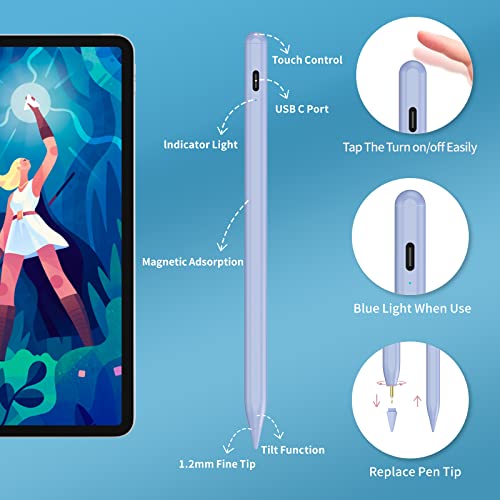 Stylus Pen for iPad 9th&10th Generation - 5 Minutes Fast Charge Digital Pen - Compatible with 2018-2023, Apple iPad Pro 11/12.9 Inch,iPad 6-10 Gen,iPad Mini 5-6 Gen,iPad Air 3-5 Gen-Purple