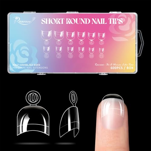 Ranrose 600PCS Clear Short Oval Half Cover Nails Tips Short Round Acrylic Short False Artificial Nail 12 Sizes with Box