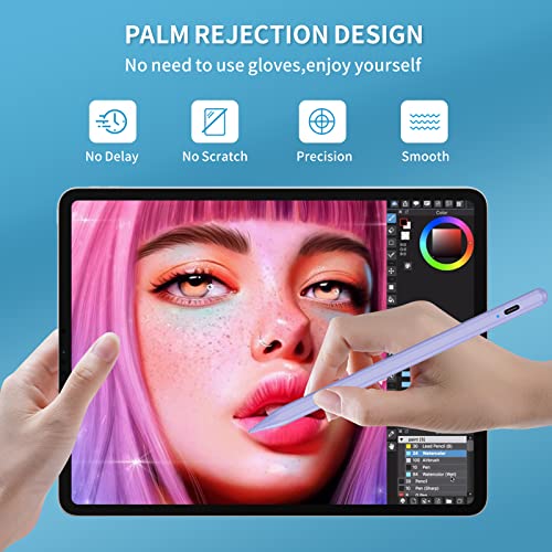 Stylus Pen for iPad 9th&10th Generation - 5 Minutes Fast Charge Digital Pen - Compatible with 2018-2023, Apple iPad Pro 11/12.9 Inch,iPad 6-10 Gen,iPad Mini 5-6 Gen,iPad Air 3-5 Gen-Purple