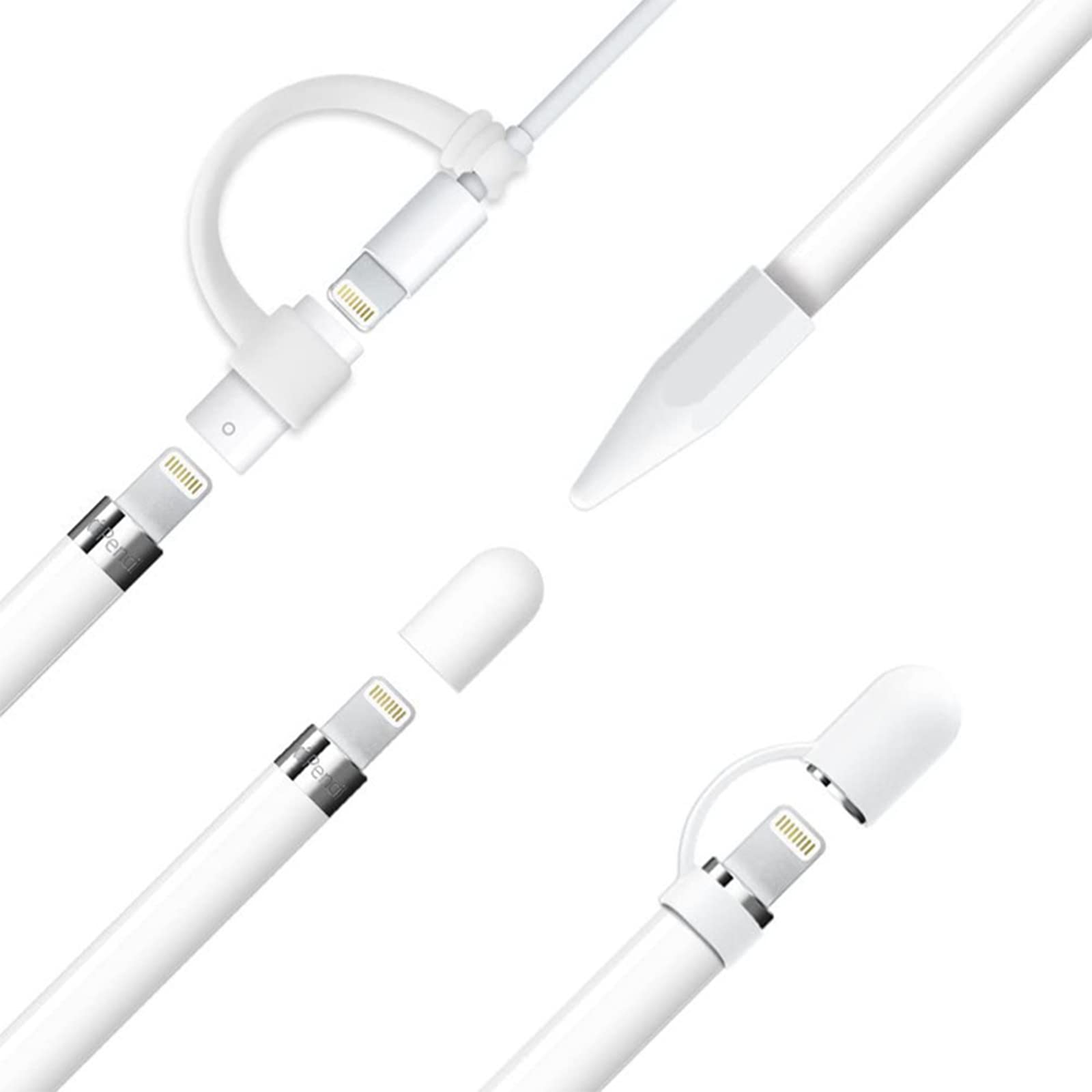 siduater [4-Pack] Silicone Protective Accessories for Apple Pencil 1st Generation, Includes 1 Apple Pencil Cap Replacements, Apple Pencil Cap Holder, Apple Pencil Tip Cover, Adapter Tether - White