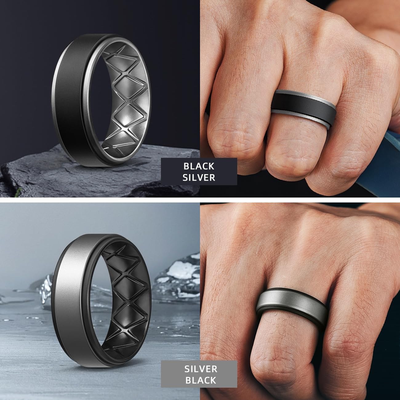 Egnaro Silicone Rings for Men 1/4/5/6/7 Multipack of Breathable Mens Silicone Rubber Wedding Rings Bands - Step Edge