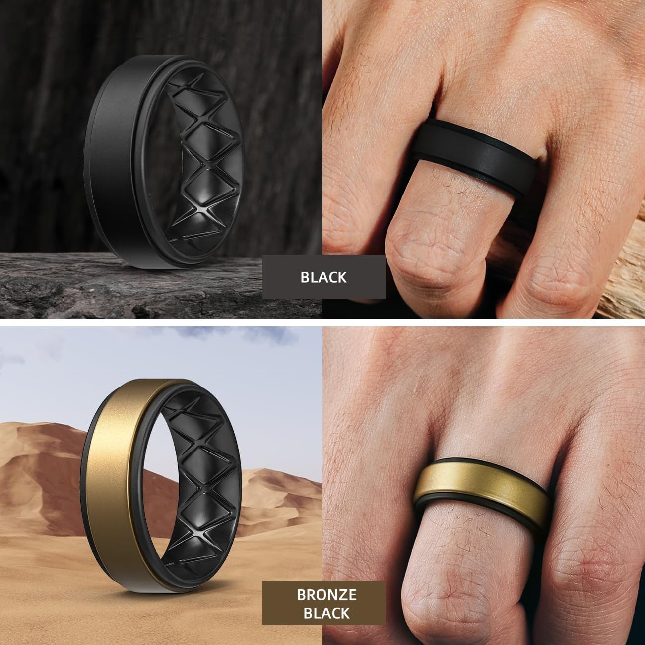 Egnaro Silicone Rings for Men 1/4/5/6/7 Multipack of Breathable Mens Silicone Rubber Wedding Rings Bands - Step Edge