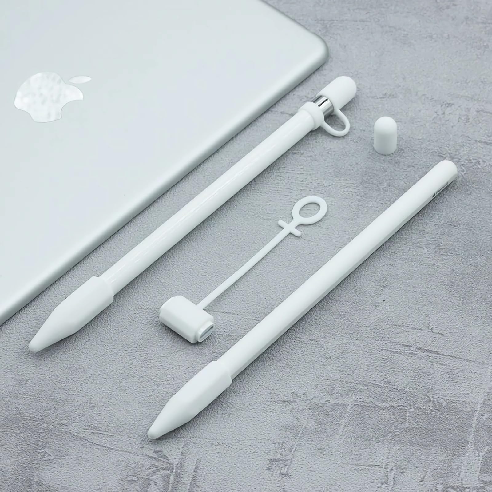 siduater [4-Pack] Silicone Protective Accessories for Apple Pencil 1st Generation, Includes 1 Apple Pencil Cap Replacements, Apple Pencil Cap Holder, Apple Pencil Tip Cover, Adapter Tether - White
