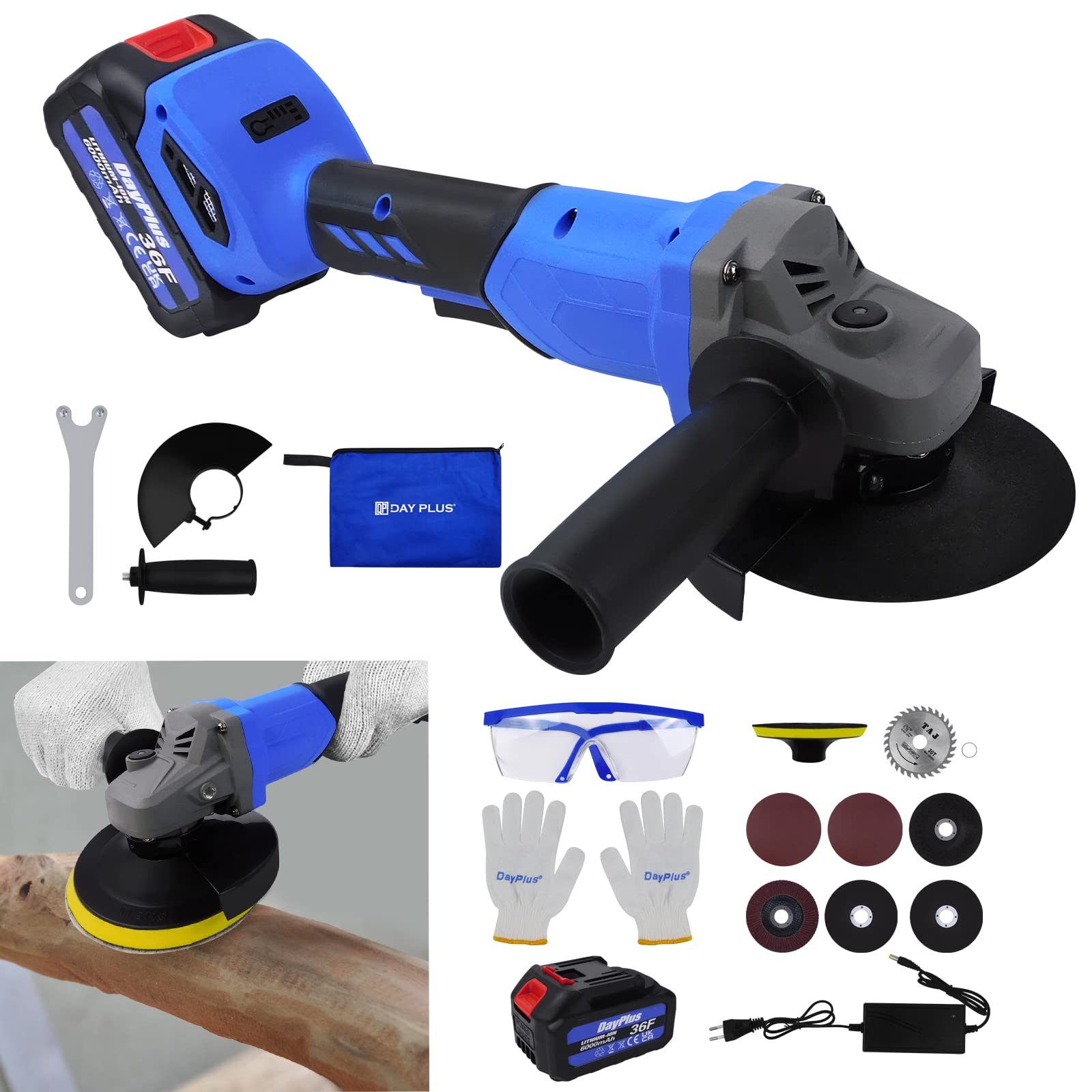 125mm Cordless Angle Grinder with Battery and Charger, Grinders Power Tools Electric Brushless Angle grinder with 90° Left/Right Side Handle & 2 Variable Speed for Metal, Tile Cutting and Grinding
