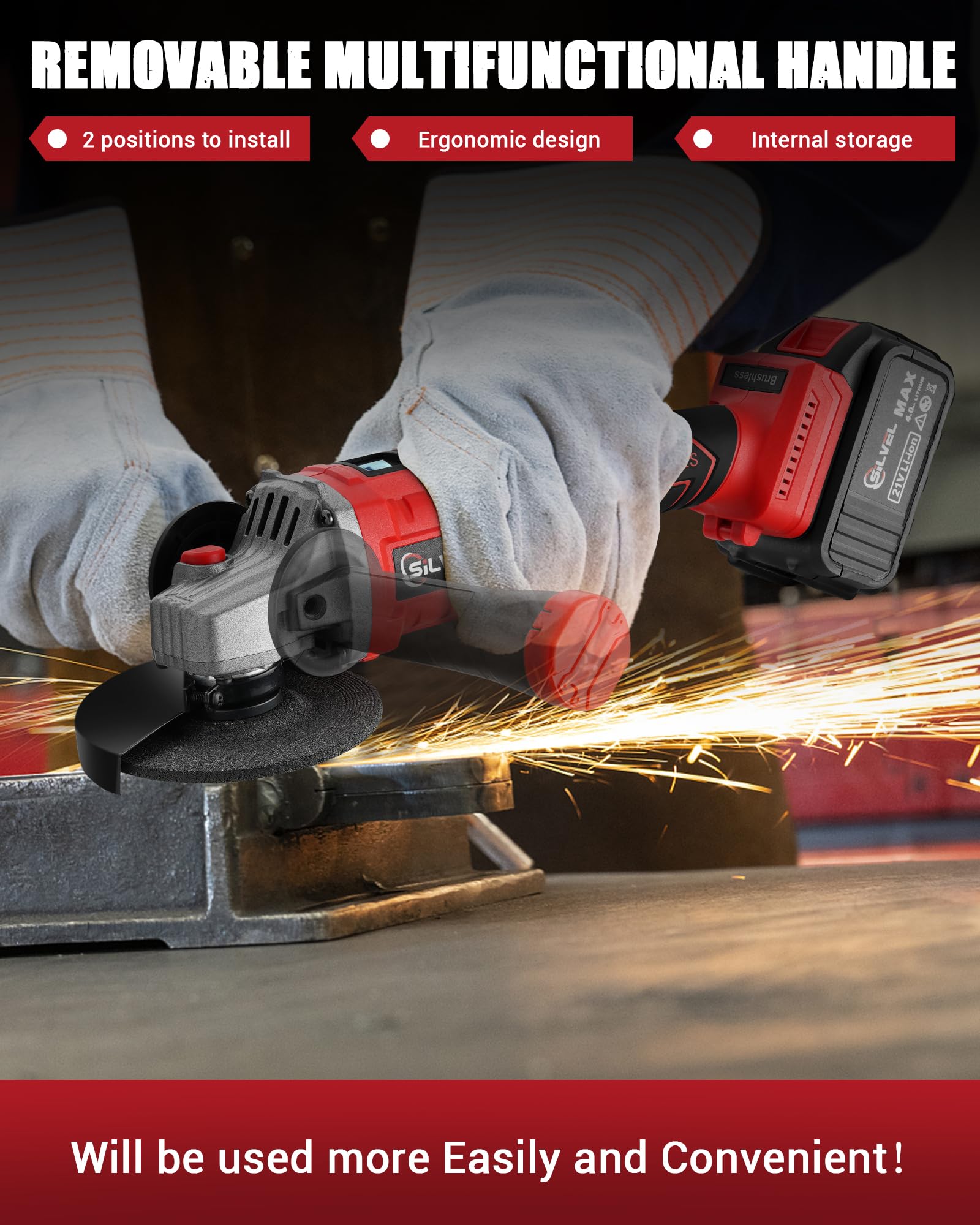 SILVEL Cordless Angle Grinder, 21V Cordless Grinders Tools with 3.0Ah Lithium-Ion Battery, Charger, 2 Position Handle, 4-1/2inch with 8500RPM Brushless Motor Cordless Grinder for Metal, Wood
