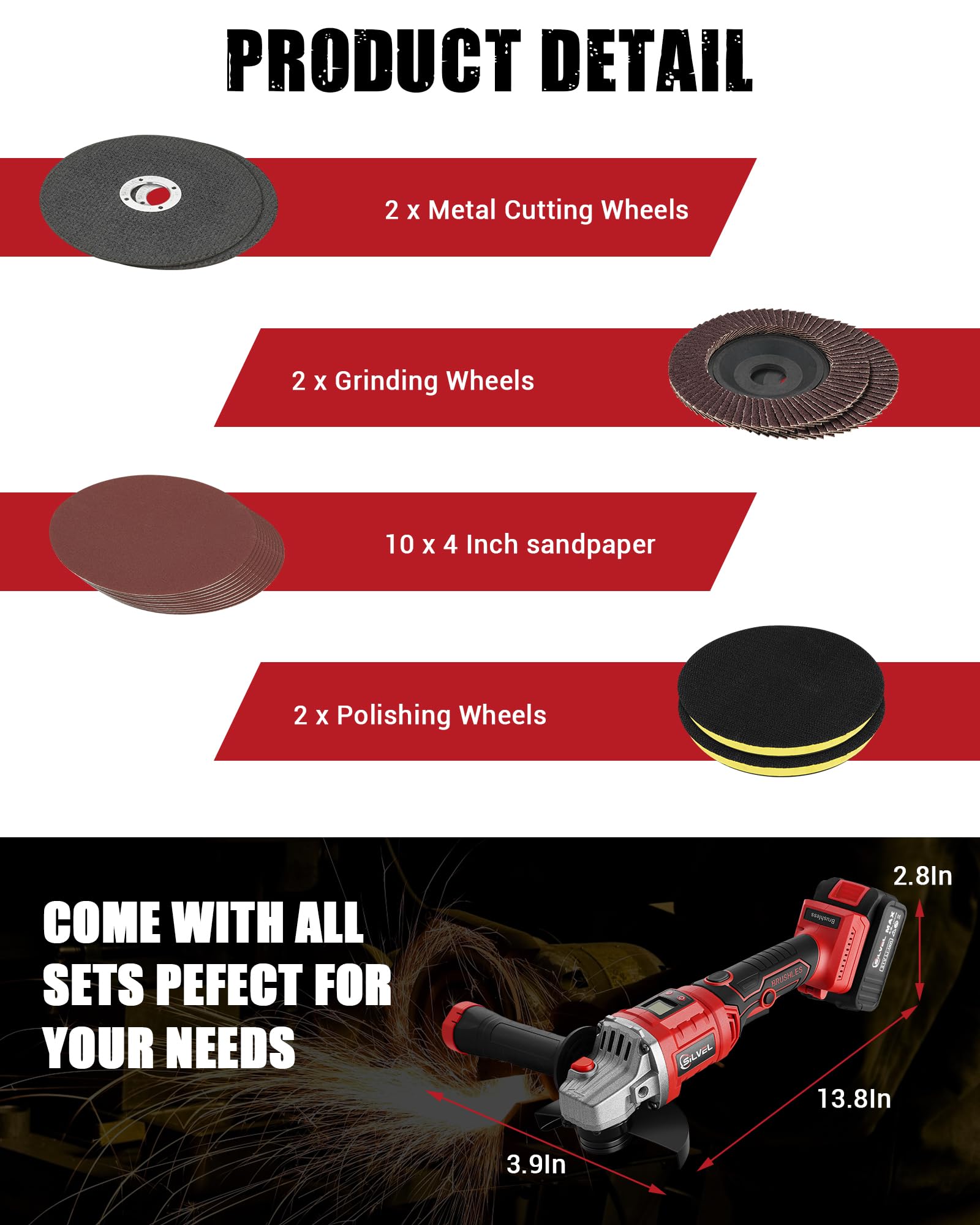 SILVEL Cordless Angle Grinder, 21V Cordless Grinders Tools with 3.0Ah Lithium-Ion Battery, Charger, 2 Position Handle, 4-1/2inch with 8500RPM Brushless Motor Cordless Grinder for Metal, Wood