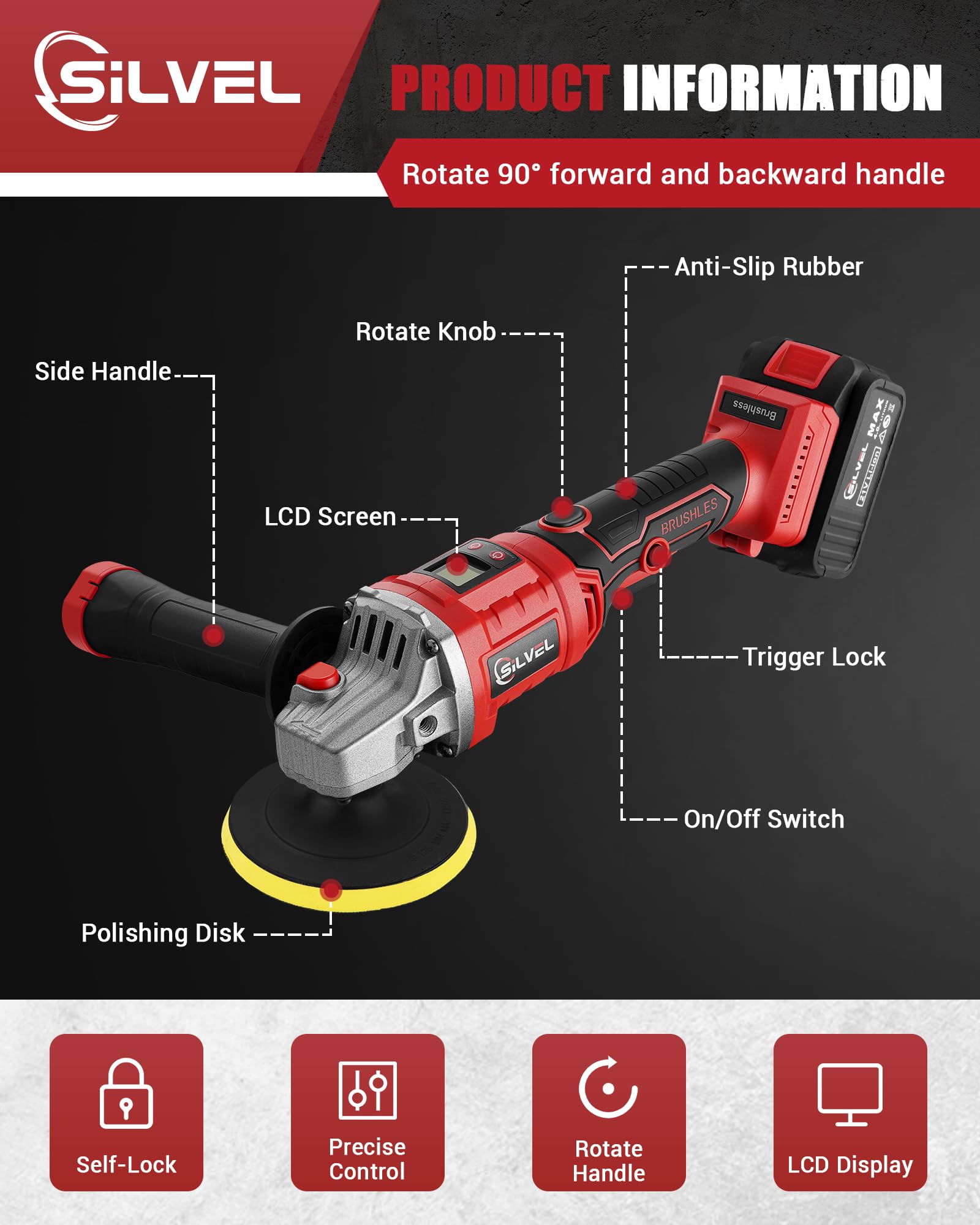 SILVEL Cordless Angle Grinder, 21V Cordless Grinders Tools with 3.0Ah Lithium-Ion Battery, Charger, 2 Position Handle, 4-1/2inch with 8500RPM Brushless Motor Cordless Grinder for Metal, Wood