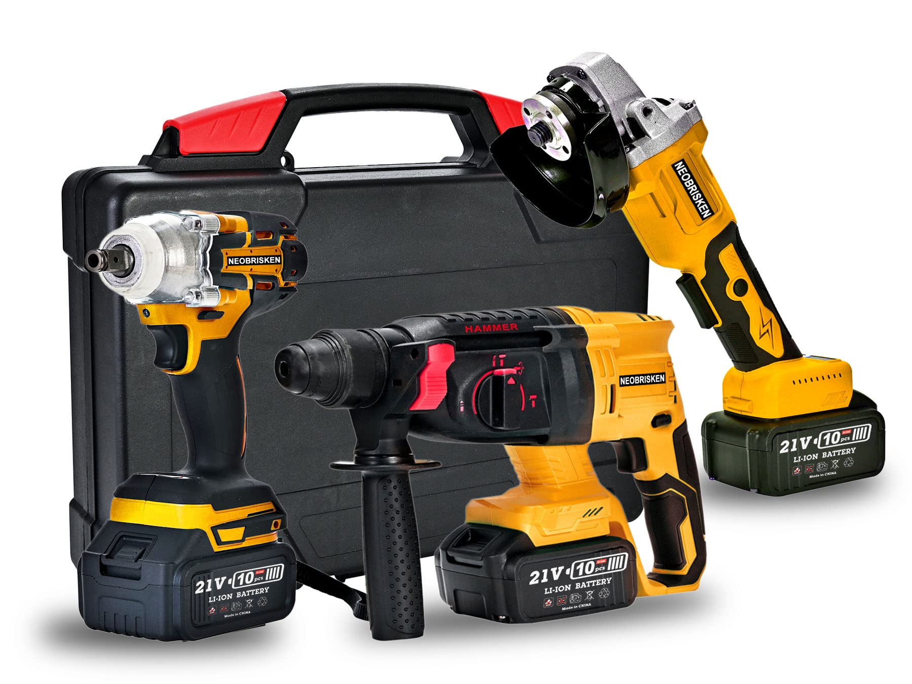 21V Cordless 3 in 1 Impact Wrench Electric Angle Grinder Rotary Hammer Drill 3Pcs Power Tool Combo Kits with 3.0ah Battery & Fast Charger,yellow