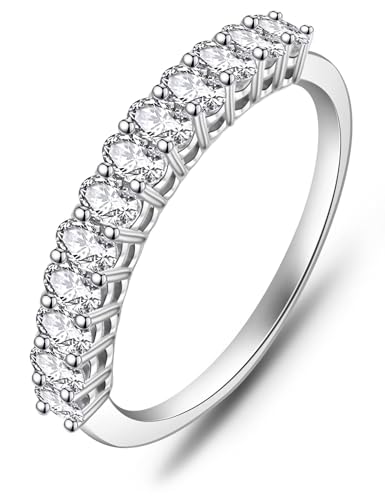 Wedding Band Oval Moissanite Rings: Silver Eternity Ring for Women with Oval Cut Moissanite, Size 5