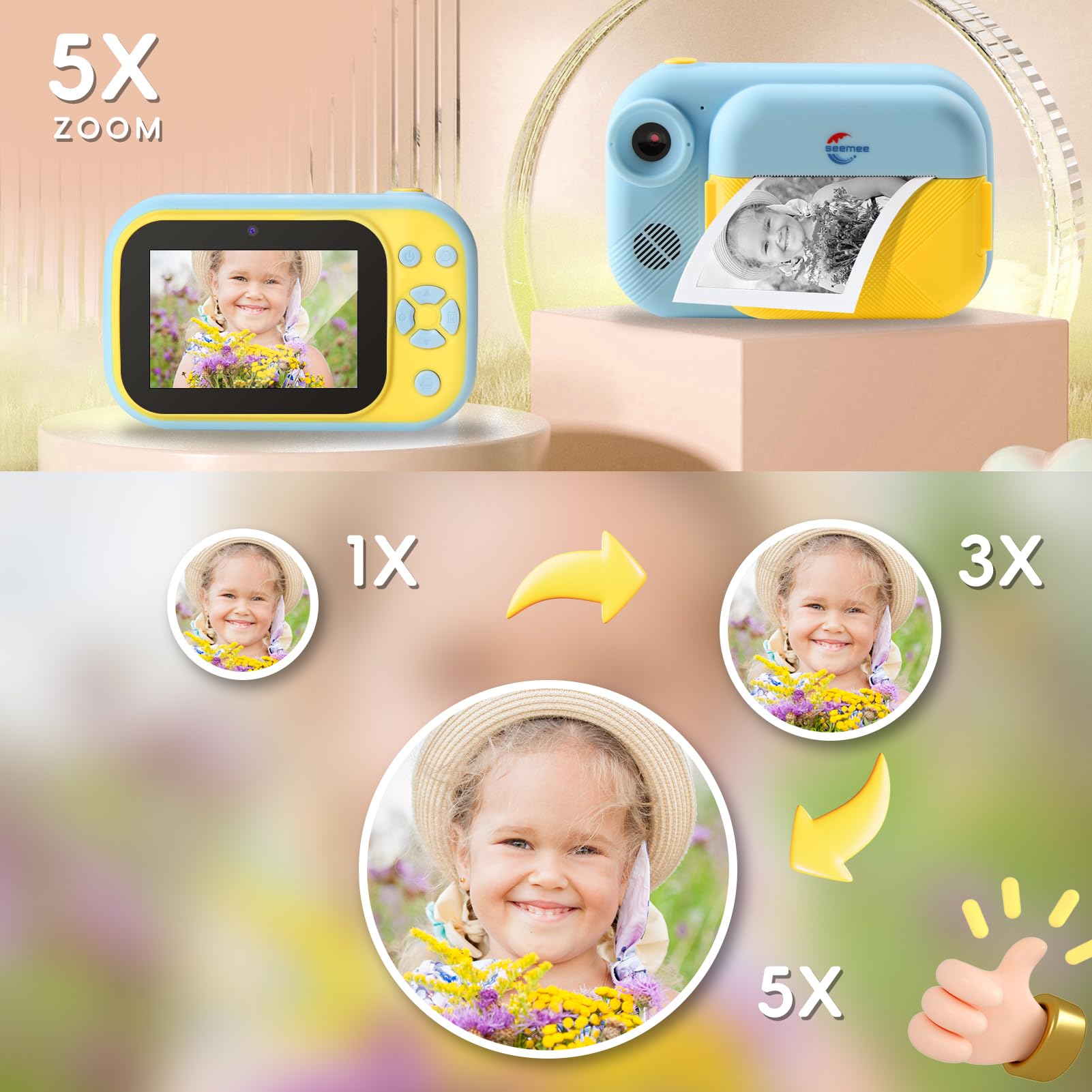 Seemee Instant Print Camera for Boys, Selfie Instant Camera with 3.5" Screen, 32G Card, 3 Rolls Print Papers, Stickers, Cute Camera Birthday Gifts Toys (Blue)