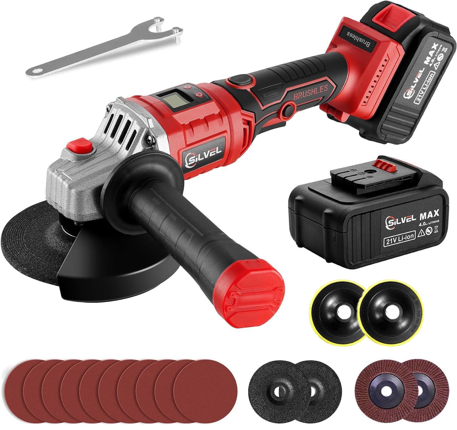 SILVEL Cordless Angle Grinder, 21V Cordless Grinders Tools with 3.0Ah Lithium-Ion Battery, Charger, 2 Position Handle, 4-1/2inch with 8500RPM Brushless Motor Cordless Grinder for Metal, Wood