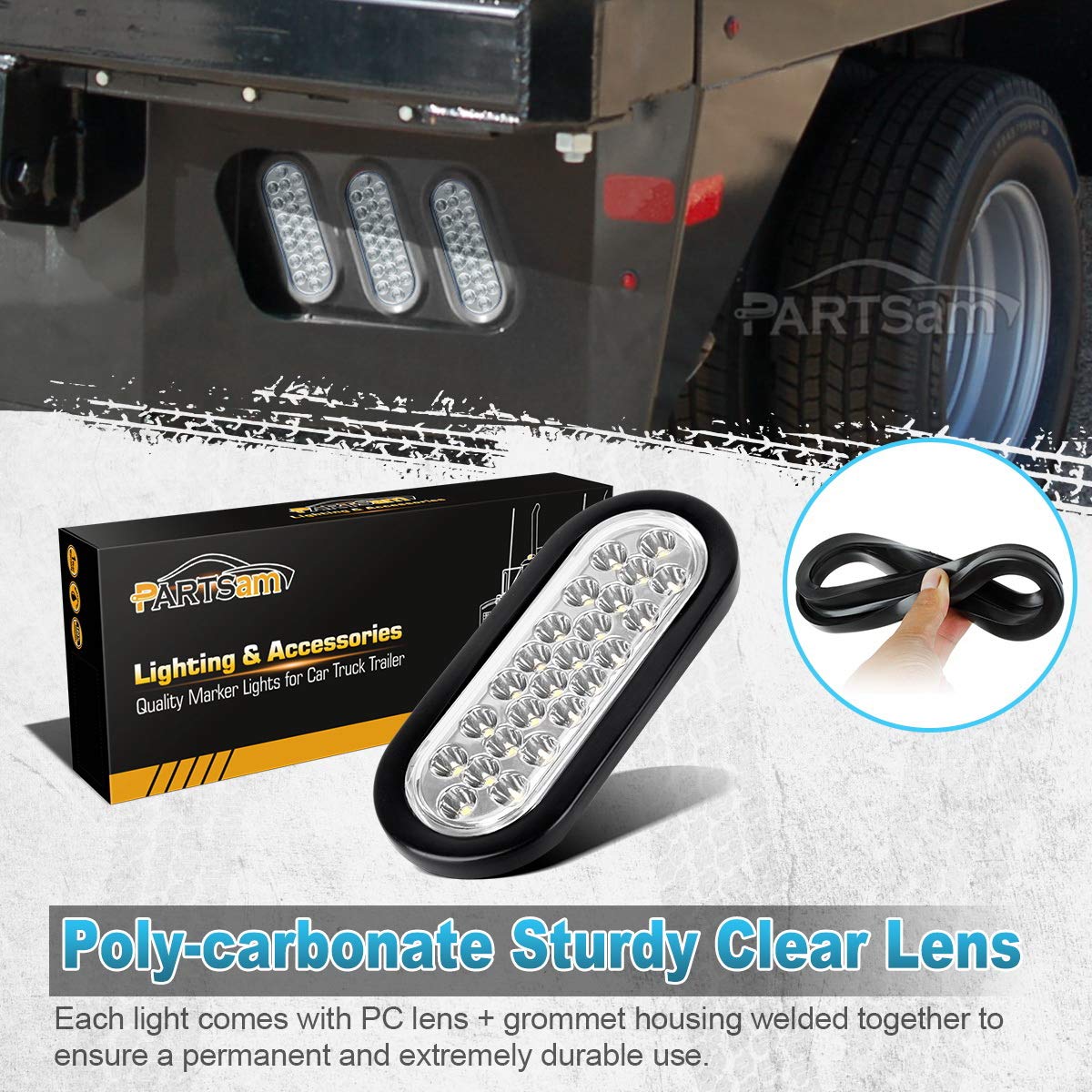 Partsam 2x Oval Clear Lens White Stop Turn Tail Backup Reverse Fog Lights Lamps Rubber Flush Mount 6" 24 LED for Truck Trailer Boat RV Waterproof