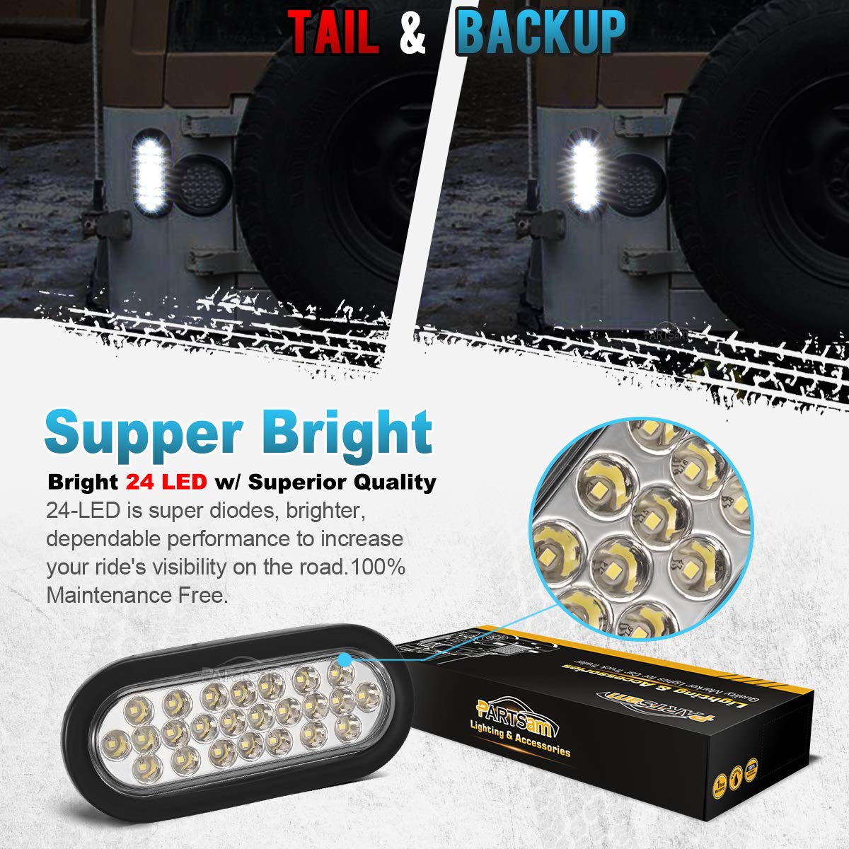 Partsam 2x Oval Clear Lens White Stop Turn Tail Backup Reverse Fog Lights Lamps Rubber Flush Mount 6" 24 LED for Truck Trailer Boat RV Waterproof