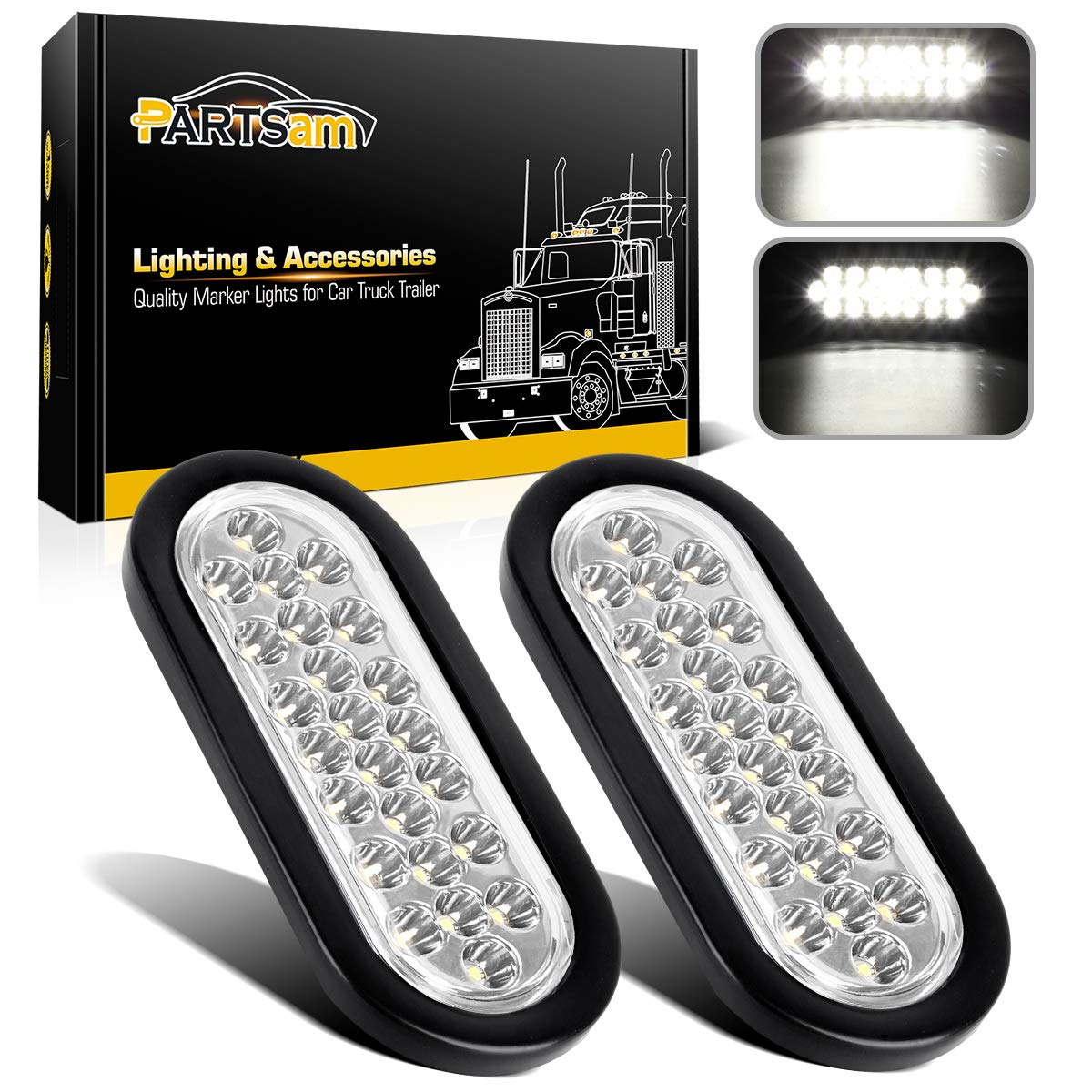 Partsam 2x Oval Clear Lens White Stop Turn Tail Backup Reverse Fog Lights Lamps Rubber Flush Mount 6" 24 LED for Truck Trailer Boat RV Waterproof