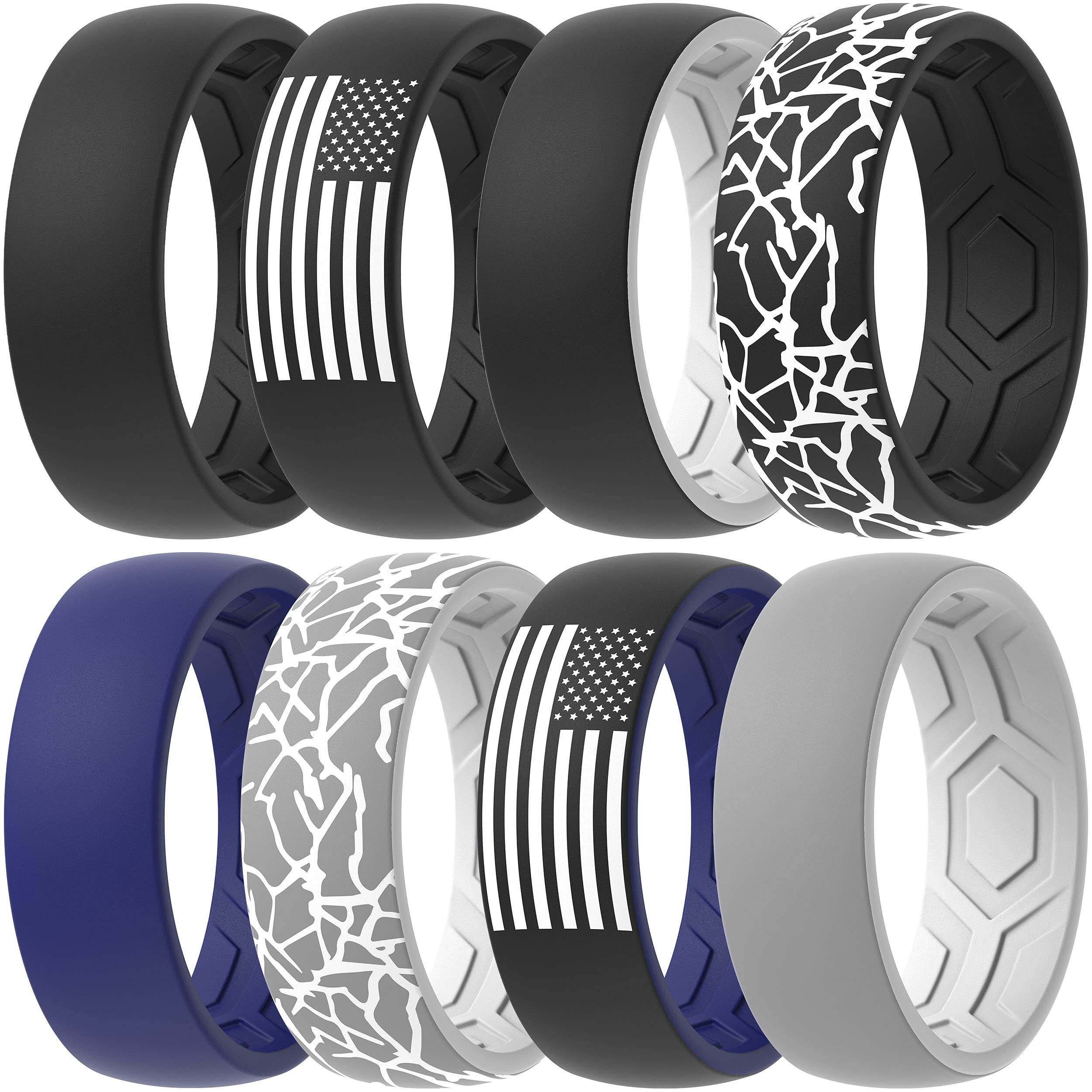 ThunderFit Silicone Wedding Rings for Men, 2 Layers Top Design Bands 8.5mm Wide 2.5mm Thick - 1/4/8/12 Variety Multipack (Pack B - Size 10.5-11 (20.6mm))