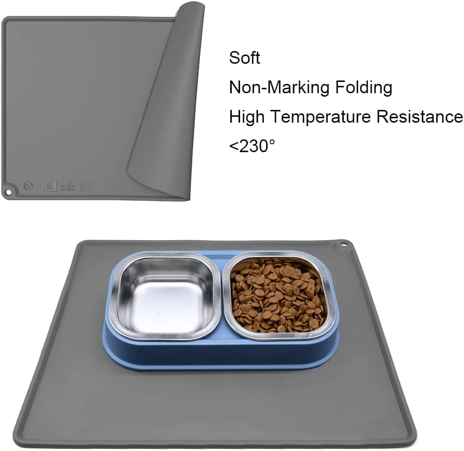 Marchul Dog Cat Food Mat, Waterproof Non-Slip Silicone Rubber Dog Bowl Mat with Raised Edges, Pet Feeding Mat Placemat Tray (14.4 * 10.6")