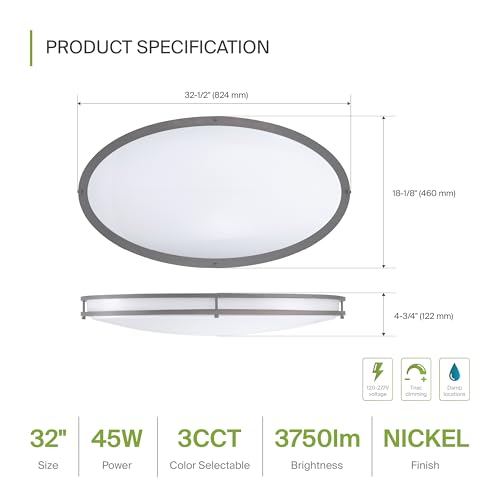 ASD LED 32 Inch Oval Flush Mount Light Fixture | 45W 3750LM 3000K-5000K 100-277V | 3CCT, Dimmable, Energy Star, ETL Listed | Close to Ceiling Double Ring Lamp, Low Profile Lighting | Nickel, 2 Pack