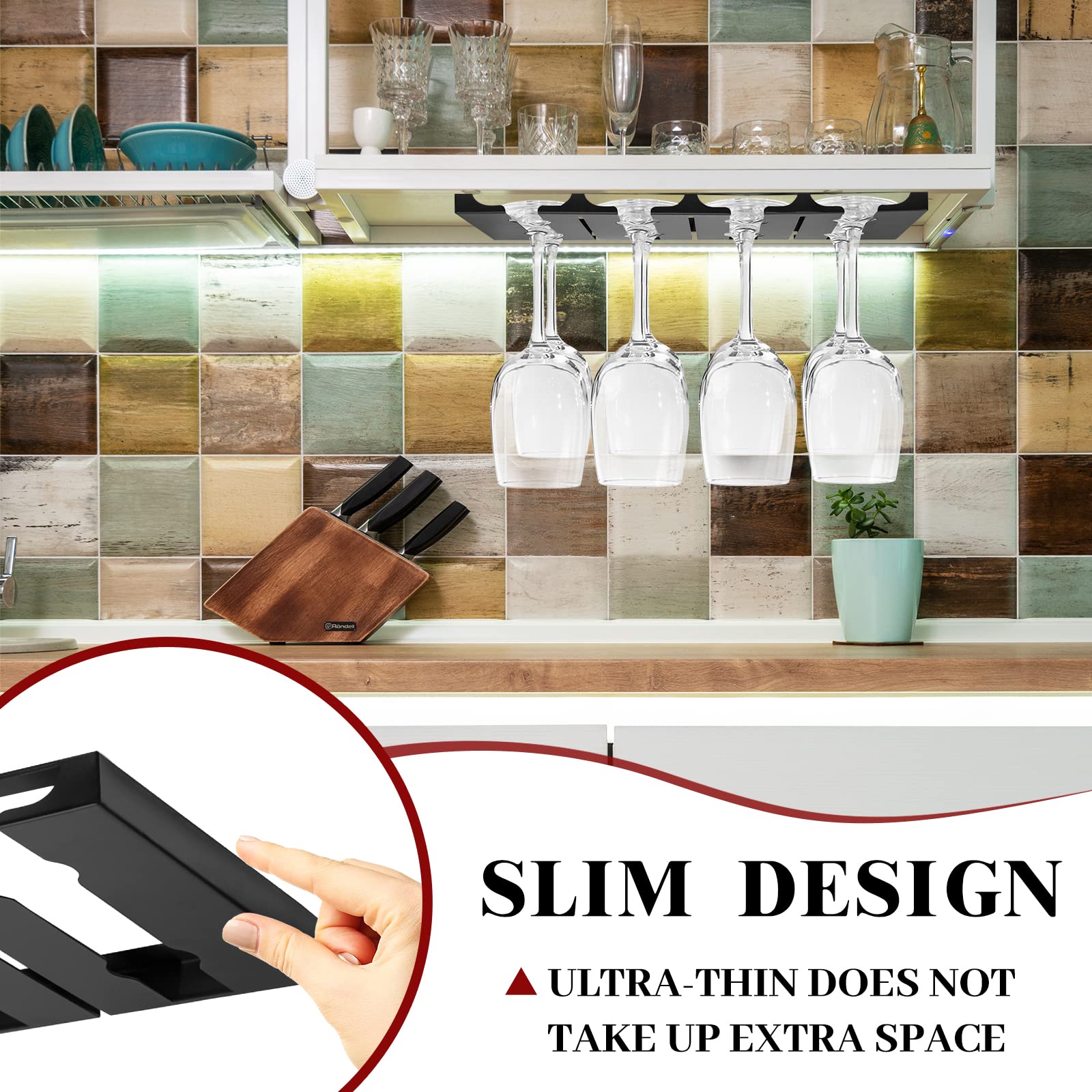 YALINKA 2Pcs Under Cabinet Stemware Holder Wine Glass Rack, Glasses Storage Hanger Under Shelf with hook, Goblet Display Drying Rack for Kitchen Bar Restaurant (4 slots)