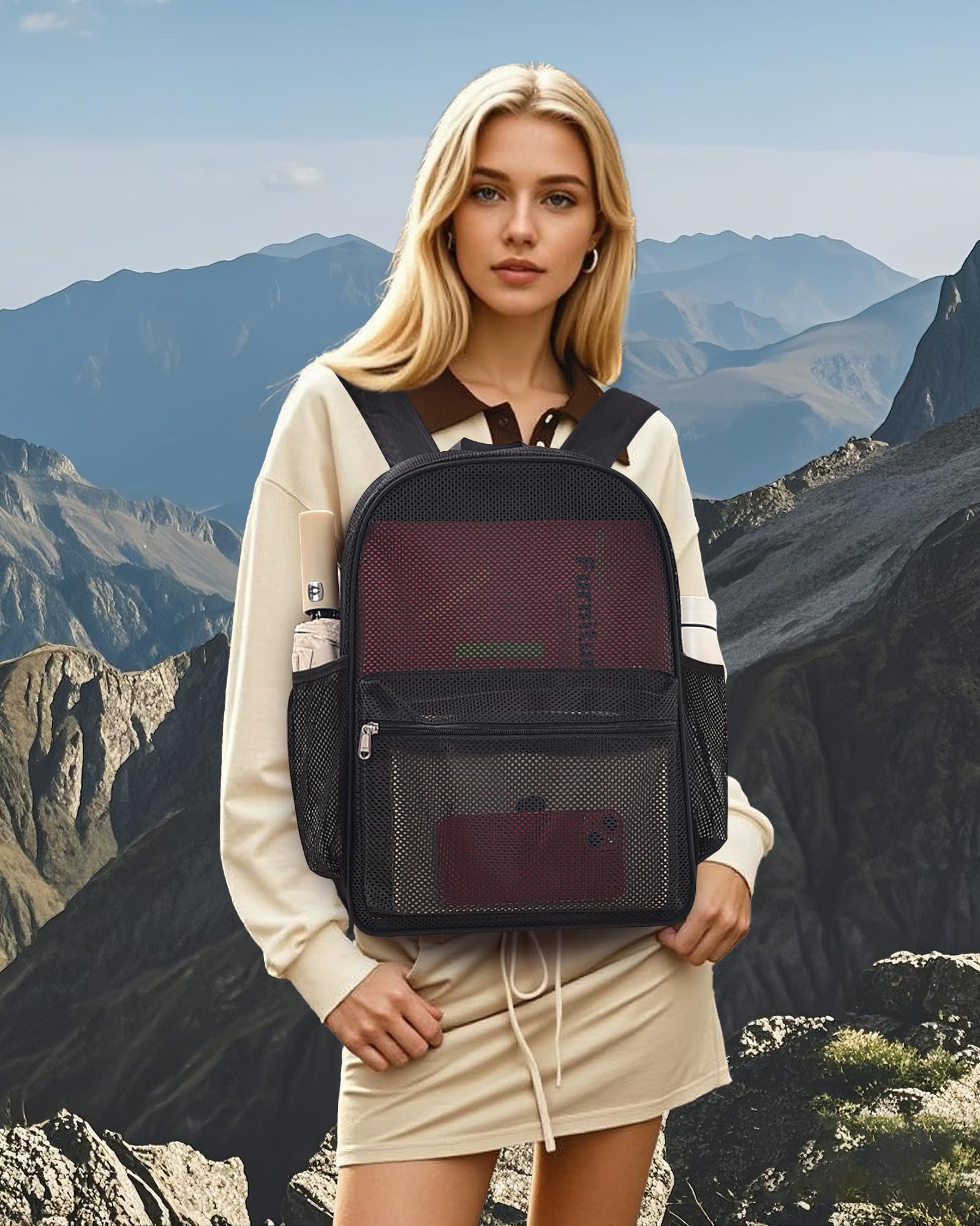 Paxiland Mesh Backpack Lightweight See Through College Student Backpack for Commuting Swimming Travel Beach Outdoor Sports