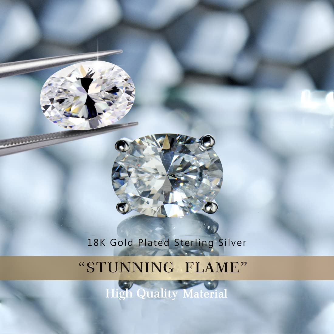 "STUNNING FLAME" 18K White Gold Plated 925 Sterling Silver Cubic Zirconia Oval Cut Stud Earrings | CZ Studs for Women(Oval,5)