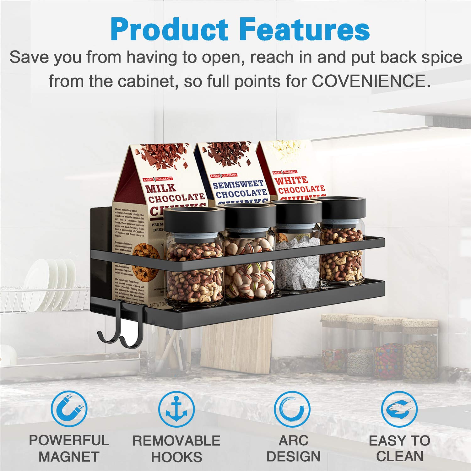 Magnetic Spice Rack, Thipoten Strong Magnetic Shelf with 2 Removable Hooks, Perfect Space Saver for Small Kitchen/ Apartment, Awesome Metal Cabinet for Holding Spices, Jars, Bottle, Beve(Black, 2Pack)