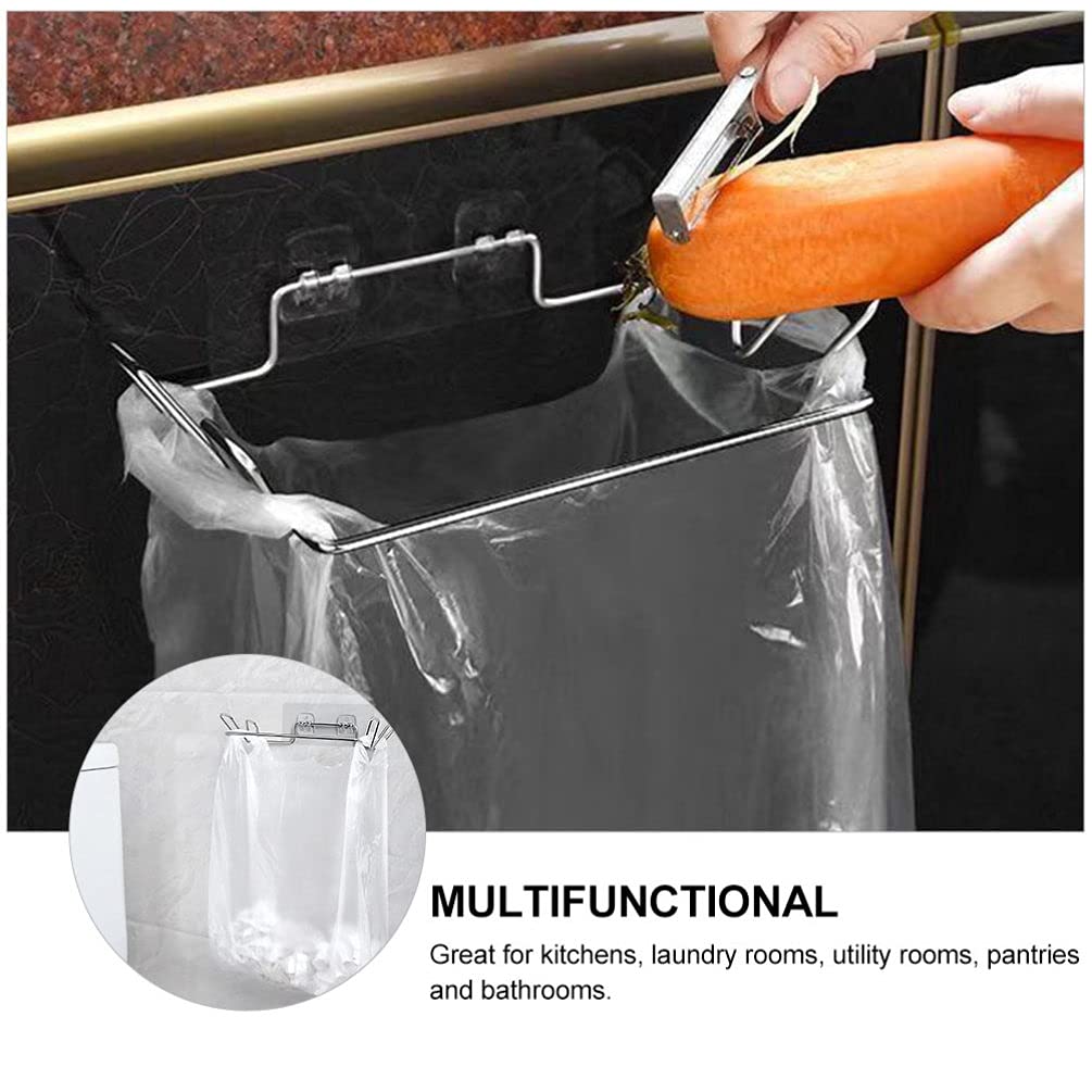Cabilock 2 Sets Stainless Steel Trash Bag Holder Steel Over The Cabinet Rack Under Sink Garbage Bag Hook for Kitchen Pantry Bathroom Dorm Room Office