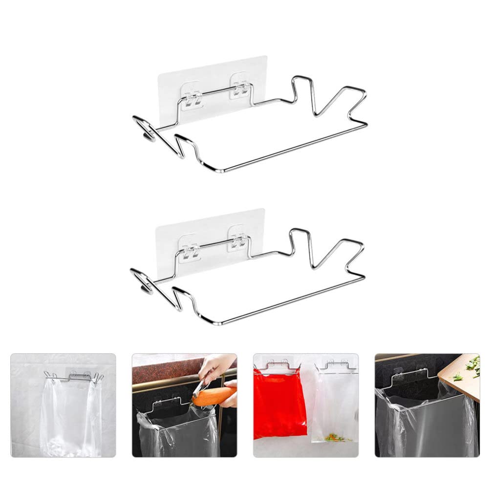 Cabilock 2 Sets Stainless Steel Trash Bag Holder Steel Over The Cabinet Rack Under Sink Garbage Bag Hook for Kitchen Pantry Bathroom Dorm Room Office