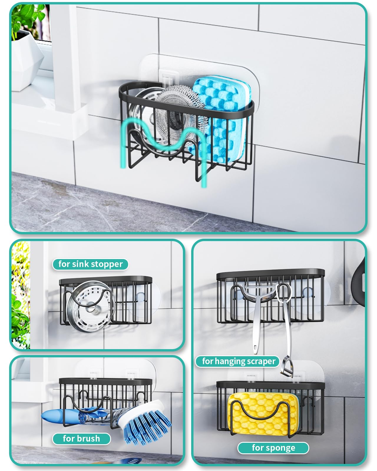HapiRm Multifunctional Sponge Holder with Unique M-shaped, Two Installation Methods Kitchen Sink Organizer, Rustproof Stainless Steel Sink Caddy for Sponge, Brush, Sink Stopper and Scraper -Black