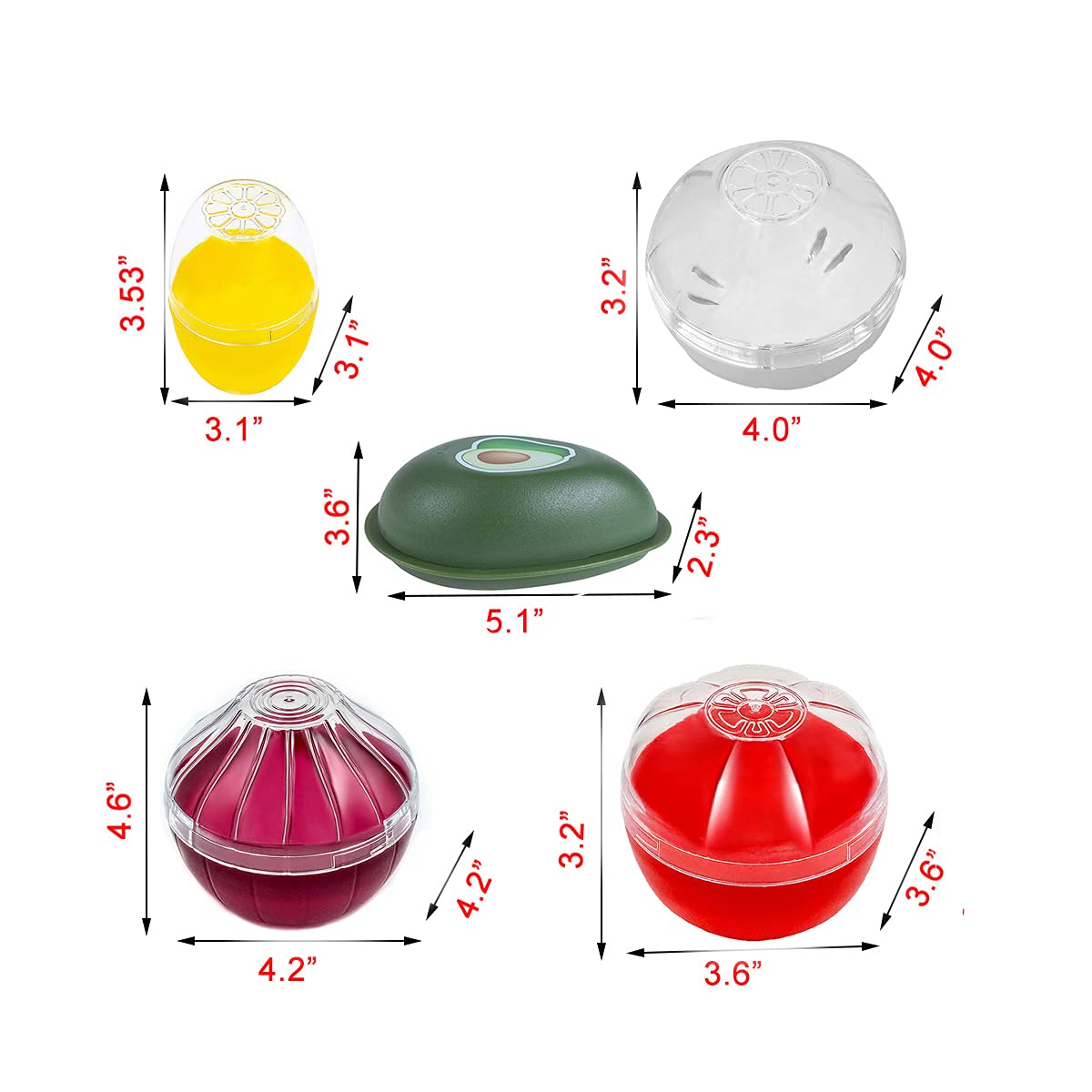 Yamesu Onion Garlic Lemon Avocado Storage Keeper Holder for Fridge, BPA Free Tomato Vegetable Shaped Food Saver/Storage Containers, 5-piece Set Bundle with a Brush