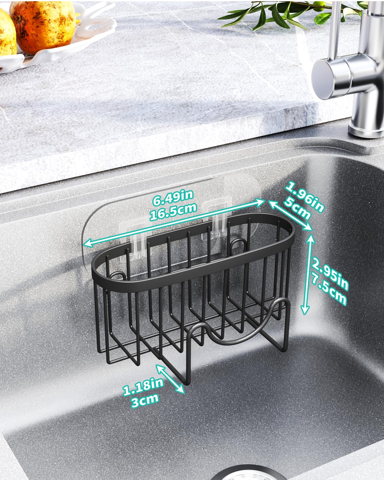 HapiRm Multifunctional Sponge Holder with Unique M-shaped, Two Installation Methods Kitchen Sink Organizer, Rustproof Stainless Steel Sink Caddy for Sponge, Brush, Sink Stopper and Scraper -Black
