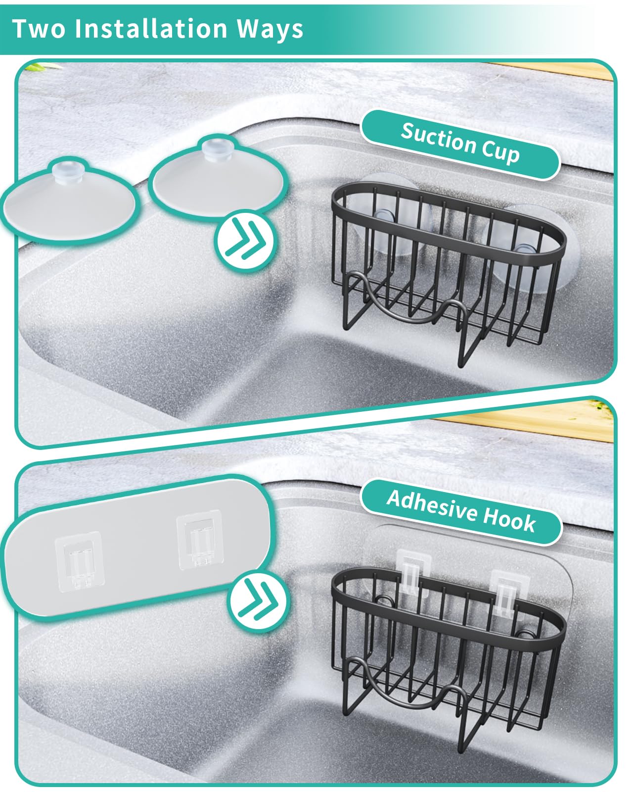 HapiRm Multifunctional Sponge Holder with Unique M-shaped, Two Installation Methods Kitchen Sink Organizer, Rustproof Stainless Steel Sink Caddy for Sponge, Brush, Sink Stopper and Scraper -Black