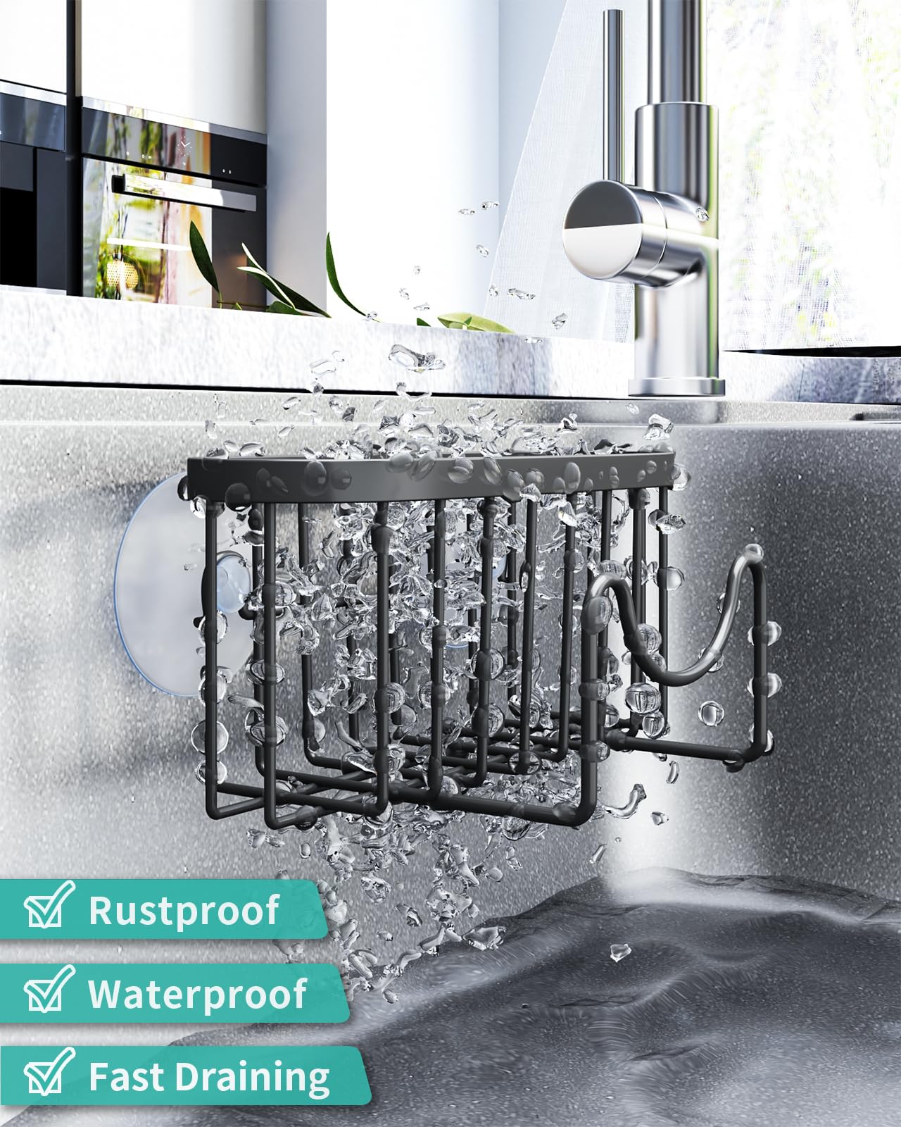 HapiRm Multifunctional Sponge Holder with Unique M-shaped, Two Installation Methods Kitchen Sink Organizer, Rustproof Stainless Steel Sink Caddy for Sponge, Brush, Sink Stopper and Scraper -Black