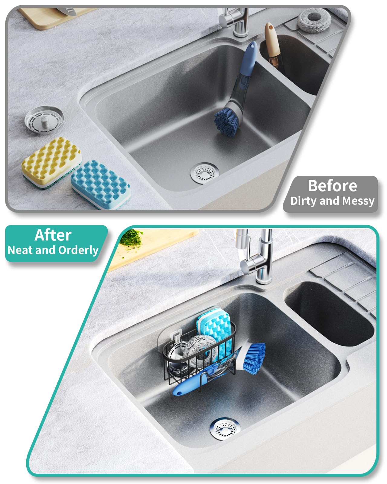 HapiRm Multifunctional Sponge Holder with Unique M-shaped, Two Installation Methods Kitchen Sink Organizer, Rustproof Stainless Steel Sink Caddy for Sponge, Brush, Sink Stopper and Scraper -Black