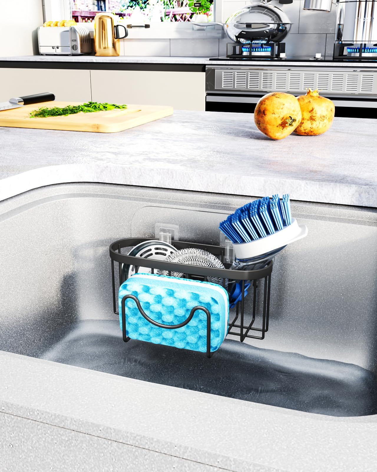 HapiRm Multifunctional Sponge Holder with Unique M-shaped, Two Installation Methods Kitchen Sink Organizer, Rustproof Stainless Steel Sink Caddy for Sponge, Brush, Sink Stopper and Scraper -Black