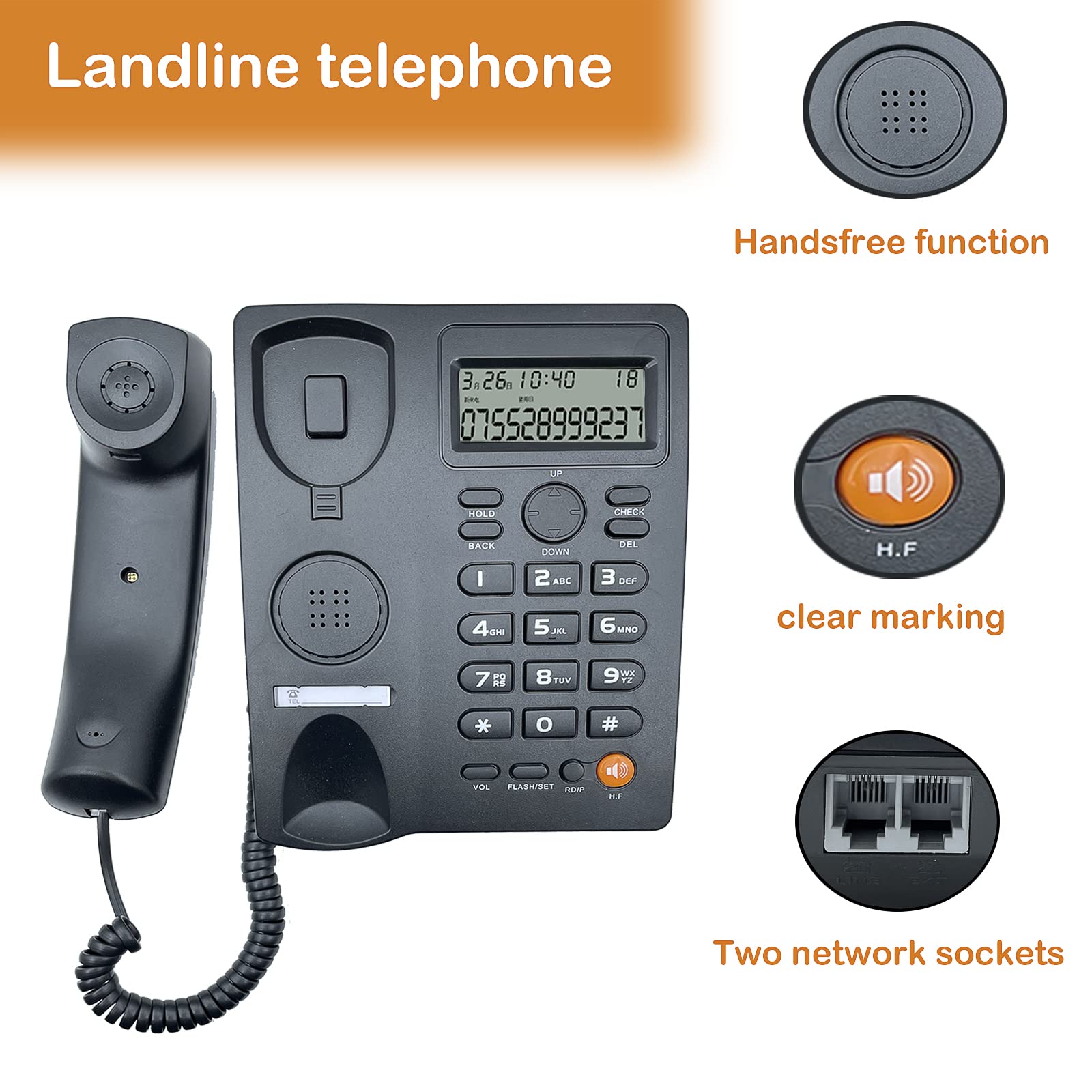 Corded Telephone Landline Telephone,Dual Interface Wired Telephone Big Button Landline Phones with Caller Identification，Telephone Suitable for Office, Front Desk, Home, Hotel, Corded Landline (Black)