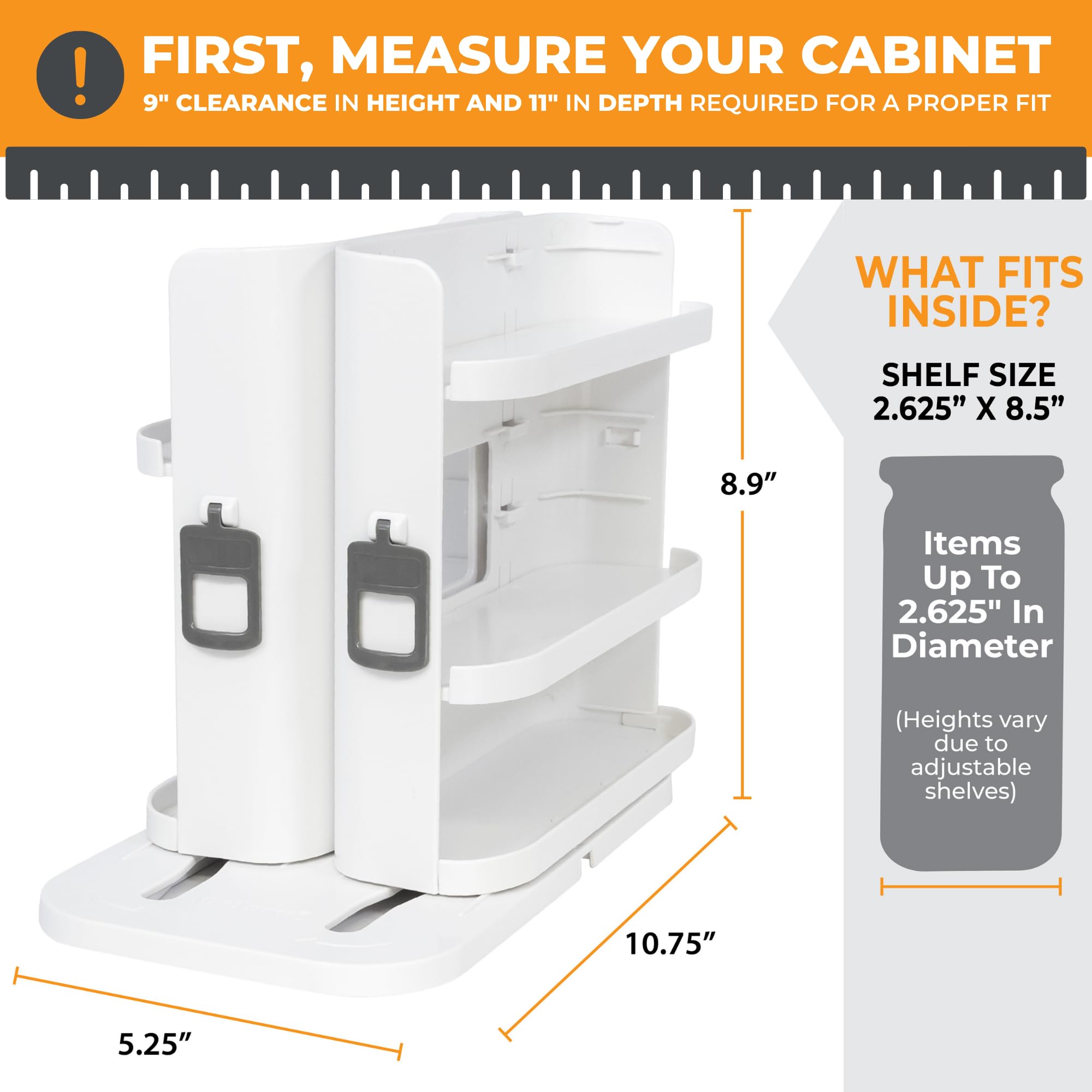 Cabinet Caddy SNAP! (White | Pull & Rotate Spice Rack Organizer| 3 Snap-In Shelves Adjust for 5 Levels of Storage | Magnetic Modular Design | Non-Skid Base | 8.9”H x 6.1”W x 10.8”D