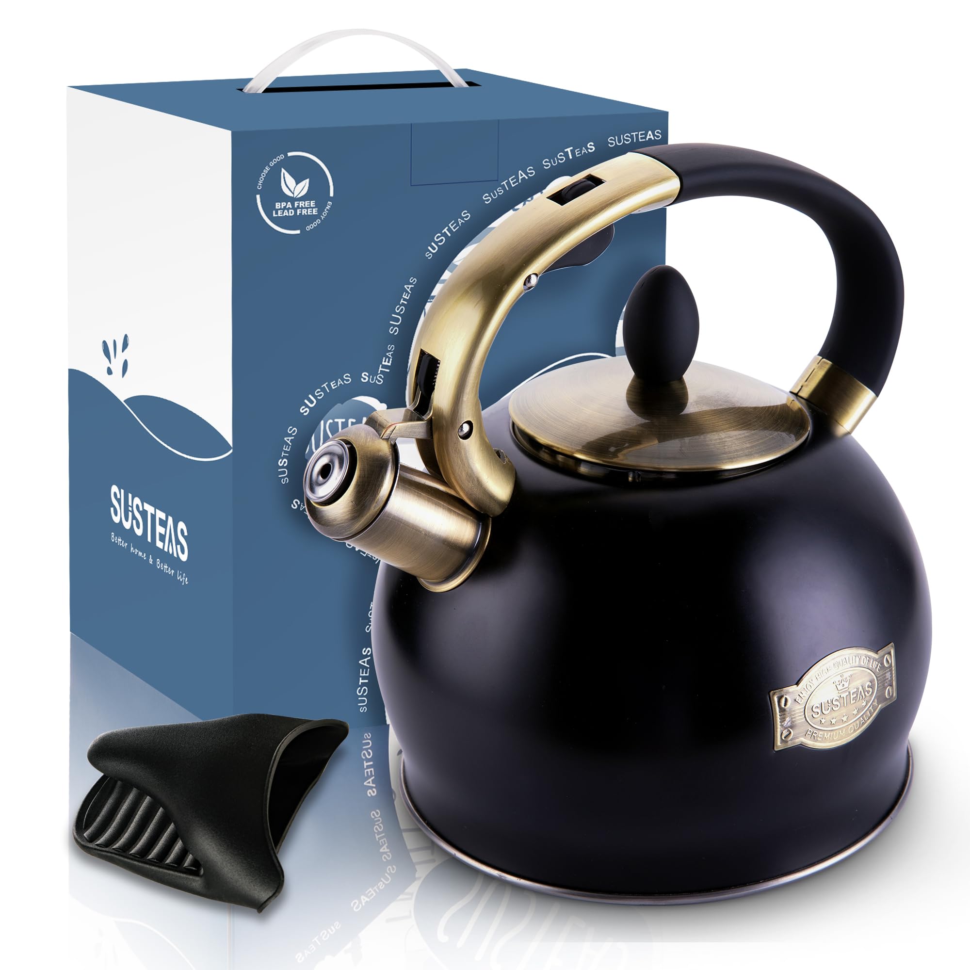 SUSTEAS Stove Top Whistling Tea Kettle-Surgical Stainless Steel Teakettle Teapot with Cool Touch Ergonomic Handle,1 Free Silicone Pinch Mitt Included,2.64 Quart(BLACK)