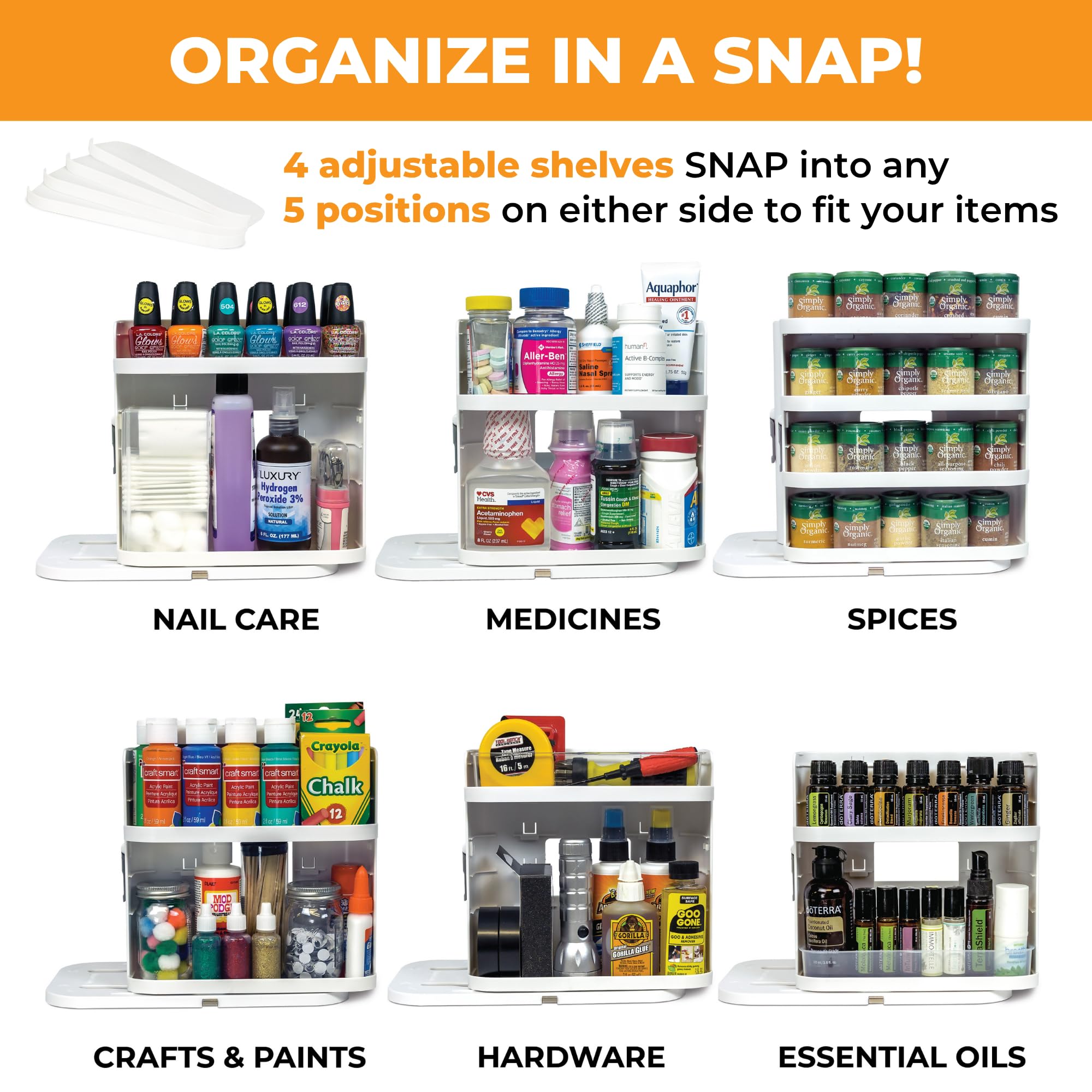 Cabinet Caddy SNAP! (White | Pull & Rotate Spice Rack Organizer| 3 Snap-In Shelves Adjust for 5 Levels of Storage | Magnetic Modular Design | Non-Skid Base | 8.9”H x 6.1”W x 10.8”D