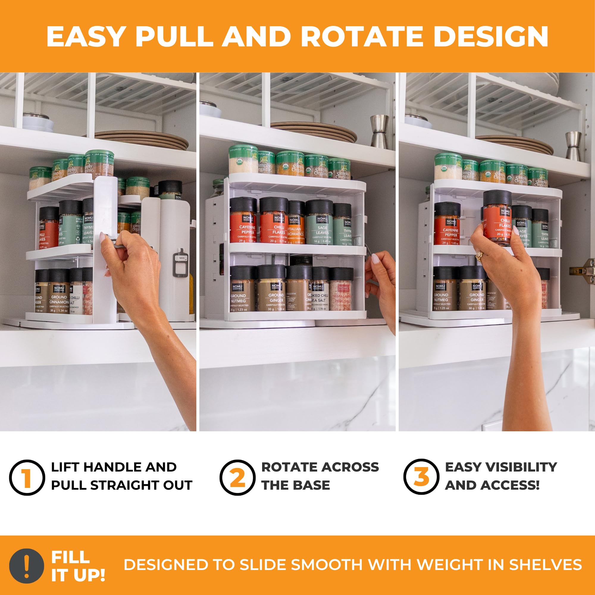 Cabinet Caddy SNAP! (White | Pull & Rotate Spice Rack Organizer| 3 Snap-In Shelves Adjust for 5 Levels of Storage | Magnetic Modular Design | Non-Skid Base | 8.9”H x 6.1”W x 10.8”D