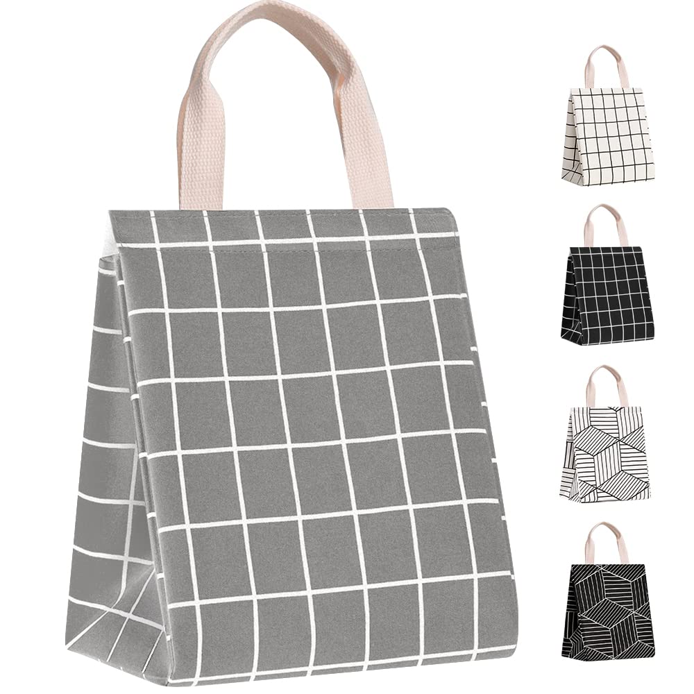 HOMESPON Reusable Lunch Bag Insulated Lunch Box Canvas Fabric with Aluminum Foil, Lunch Tote Handbag for Women,Men,School, Office (Grey Plaid)