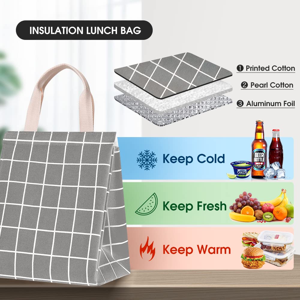 HOMESPON Reusable Lunch Bag Insulated Lunch Box Canvas Fabric with Aluminum Foil, Lunch Tote Handbag for Women,Men,School, Office (Grey Plaid)