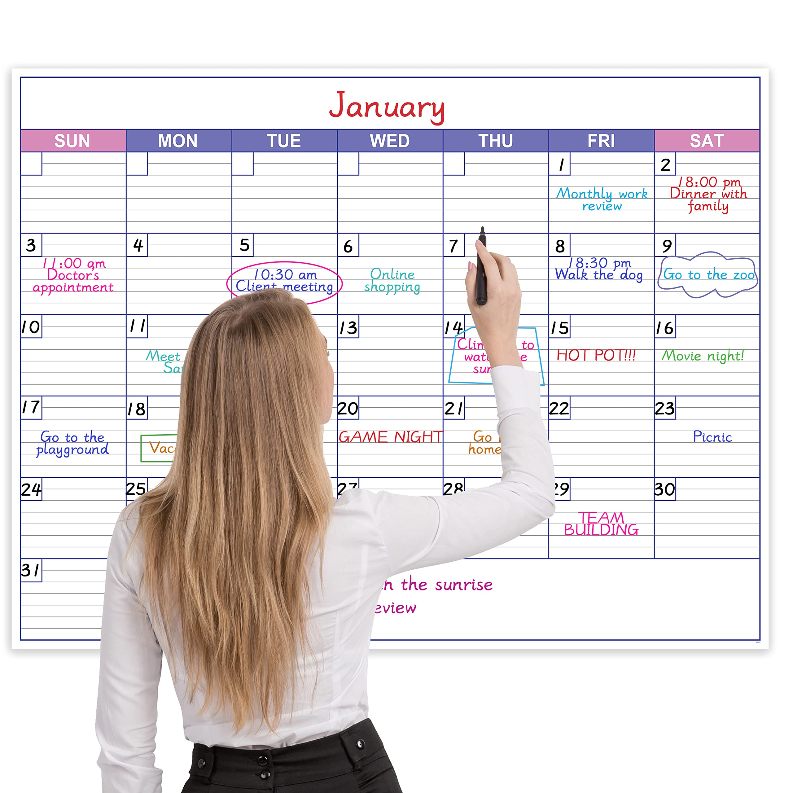 Large Dry Erase Calendar - 27.8"x 40", Undated Monthly Wall Calendar Laminated, Blank Reusable Calendar Planner for Home, Office, Classroom, with Ample Daily Boxes, Notes, 6 Markers & 8 Stickers