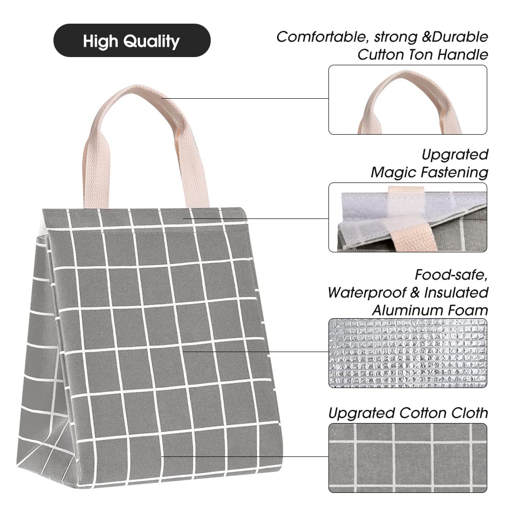 HOMESPON Reusable Lunch Bag Insulated Lunch Box Canvas Fabric with Aluminum Foil, Lunch Tote Handbag for Women,Men,School, Office (Grey Plaid)