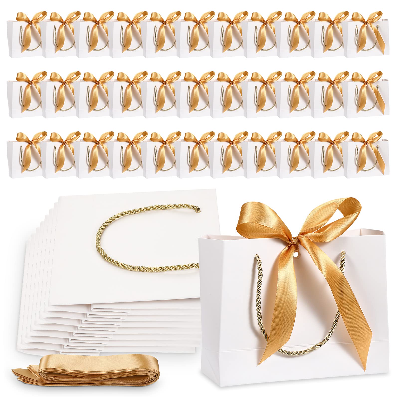Eaasty 50 Pack Gift Bags with Handles Bulk Wedding Shower Favor Gift Bags White Paper Thank You Gift Bags with Bow Ribbon Wedding Guest Bridesmaid Welcome Gift Bags Birthday Party Favor Bags