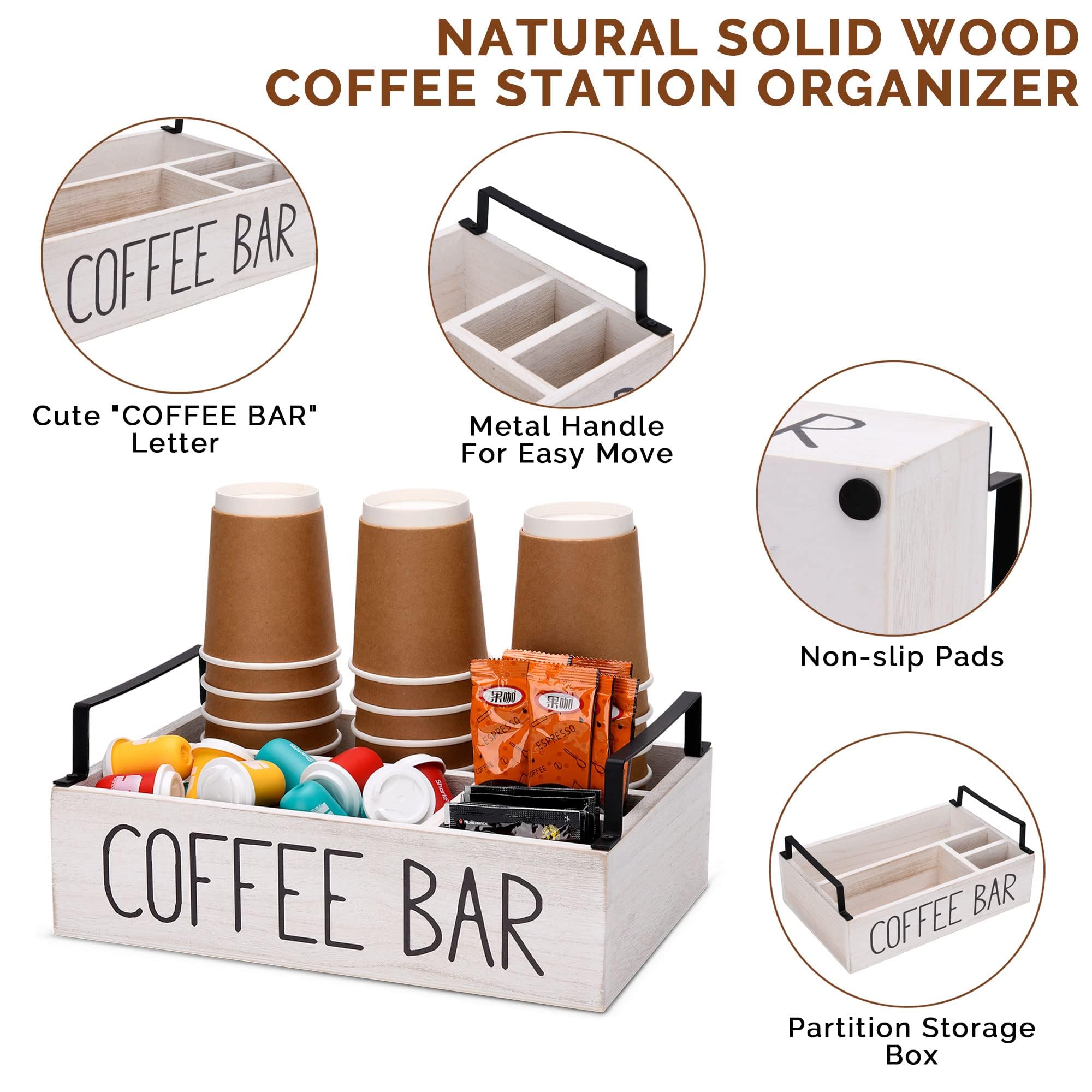 Coffee Station Organizer β Wooden Coffee bar Organizer for Kitchen Counter β Large Storage of 4 Compartments with Handles Perfect for Workplace, Meetings, Gatherings and Parties