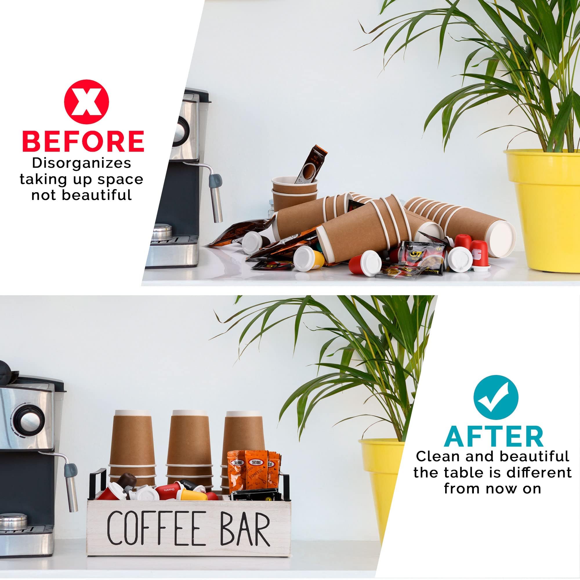 Coffee Station Organizer β Wooden Coffee bar Organizer for Kitchen Counter β Large Storage of 4 Compartments with Handles Perfect for Workplace, Meetings, Gatherings and Parties