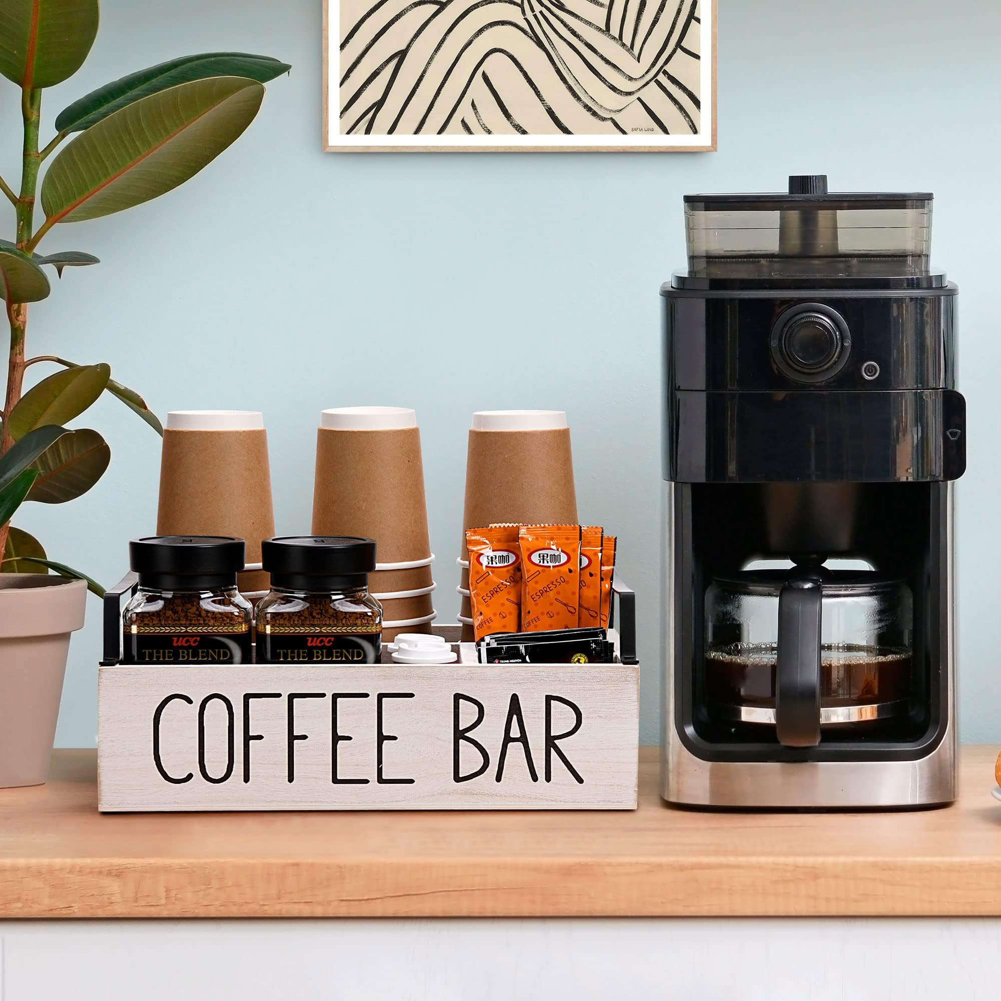Coffee Station Organizer β Wooden Coffee bar Organizer for Kitchen Counter β Large Storage of 4 Compartments with Handles Perfect for Workplace, Meetings, Gatherings and Parties