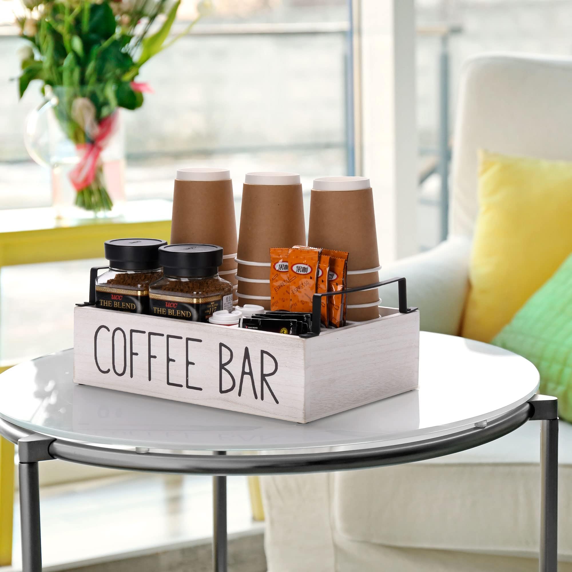 Coffee Station Organizer β Wooden Coffee bar Organizer for Kitchen Counter β Large Storage of 4 Compartments with Handles Perfect for Workplace, Meetings, Gatherings and Parties