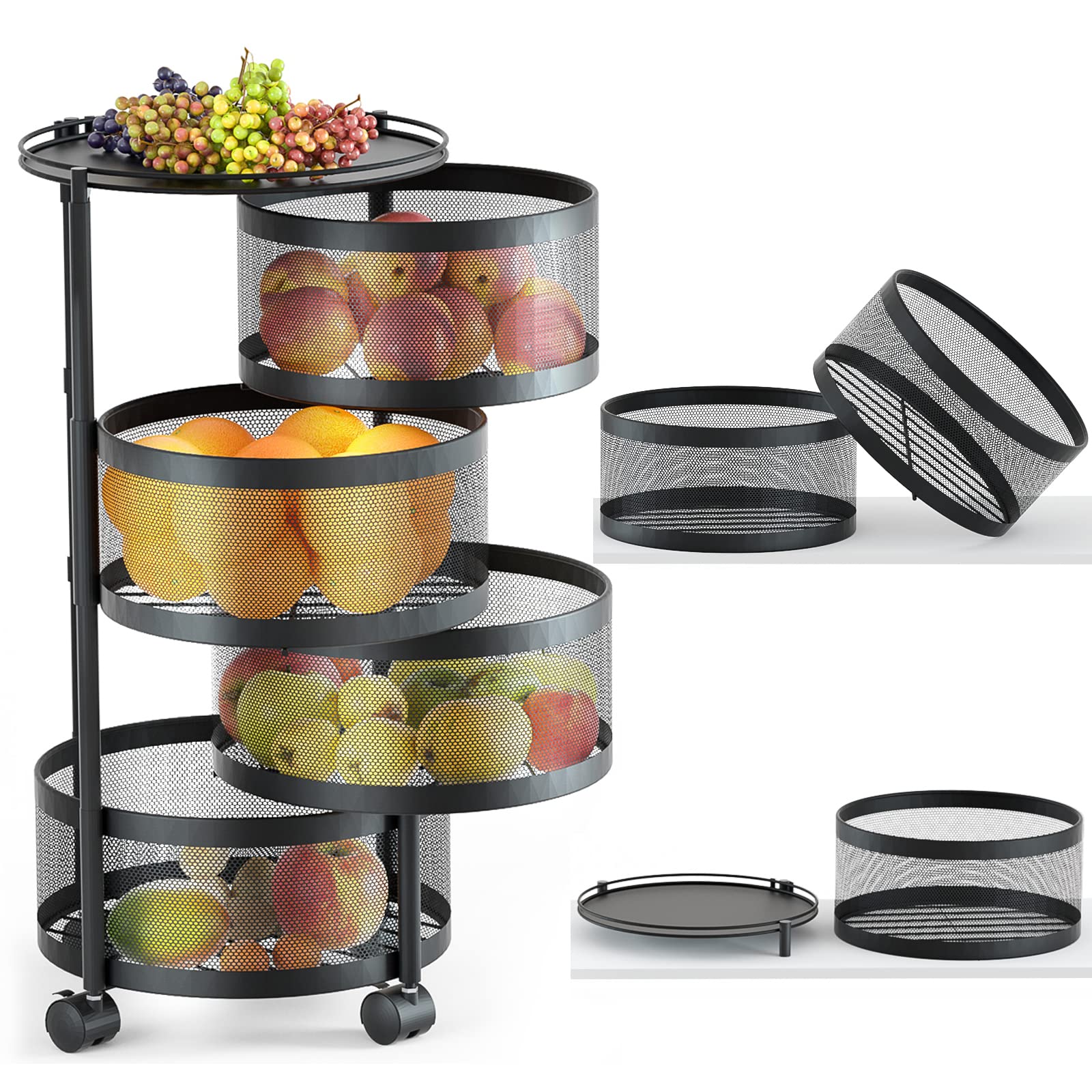 HOYRR Rotating storage rack for kitchen,Fruit Basket Rotating,Fruit Vegetable Kitchen Storage storage rack,Potatoes Storage Baskets with Wheels,Fruit Basket Stainless Steel Metal Material(4+1 Layer)